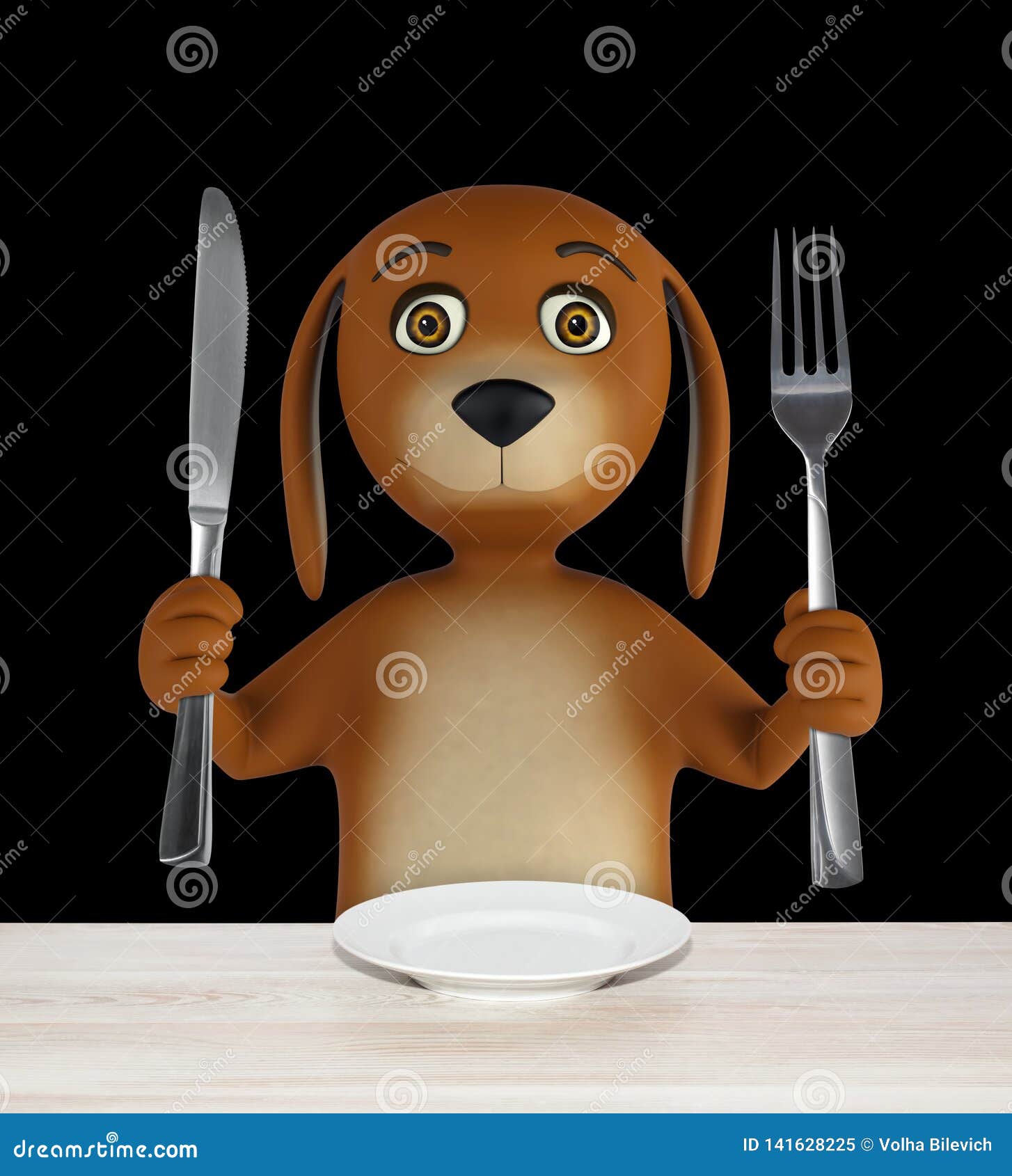 Hungry Cartoon Dog with Empty Bowl Holds a Knife and Fork. on Black ...