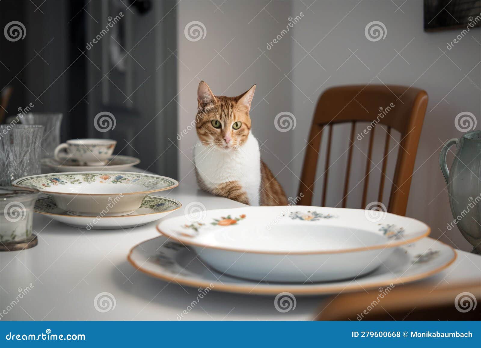 Hungry Cat Sitting at Table with Empty Plates. Generative AI Stock ...