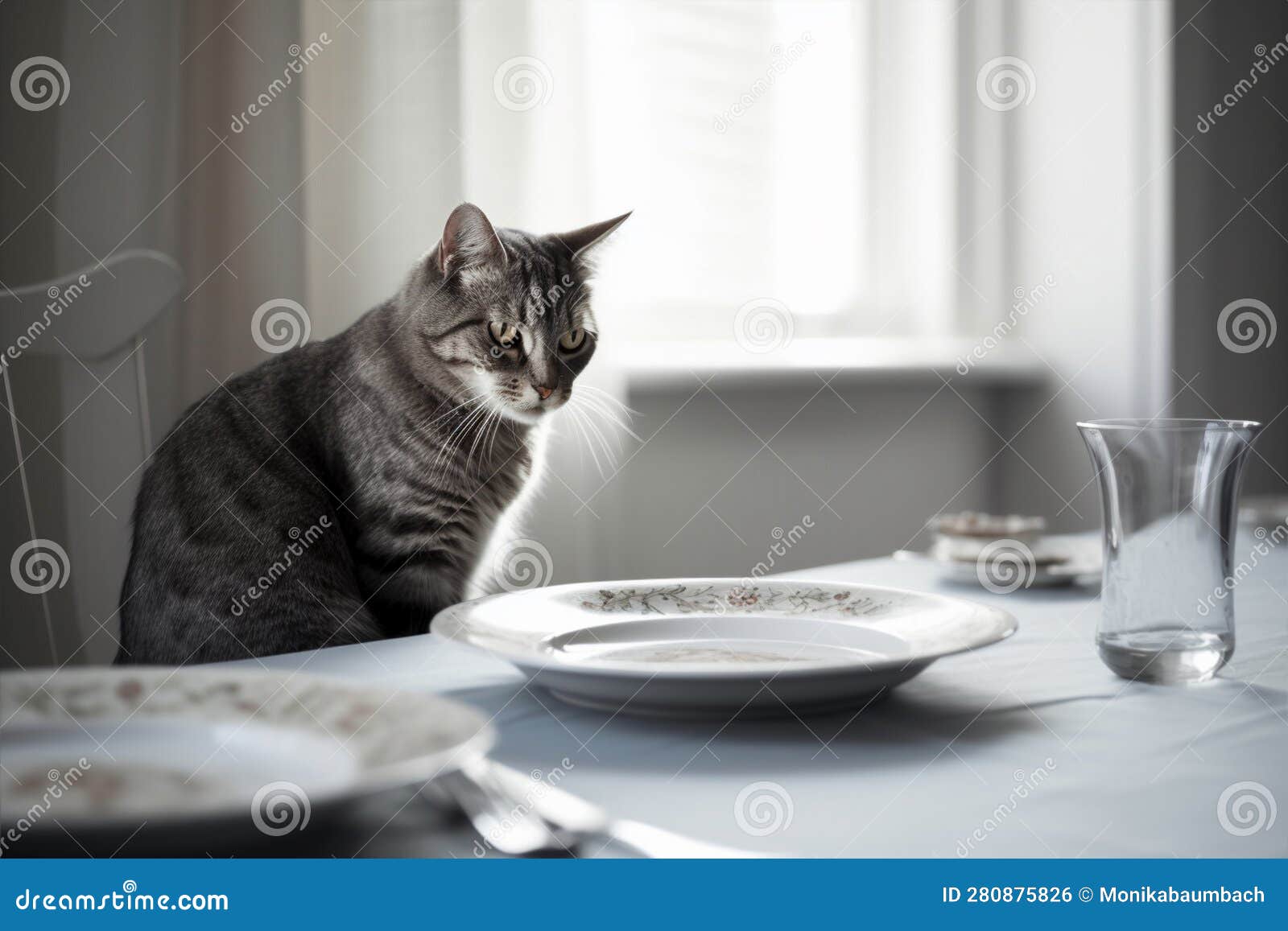 Hungry Cat Sitting at Table with Empty Plates. Stock Illustration ...