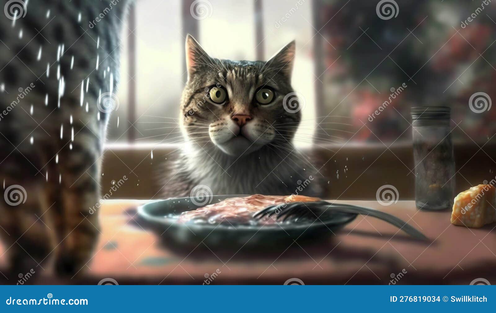 Hungry Cat by the Table, Sadly Staring. Cute Kitten with the Food Stock ...