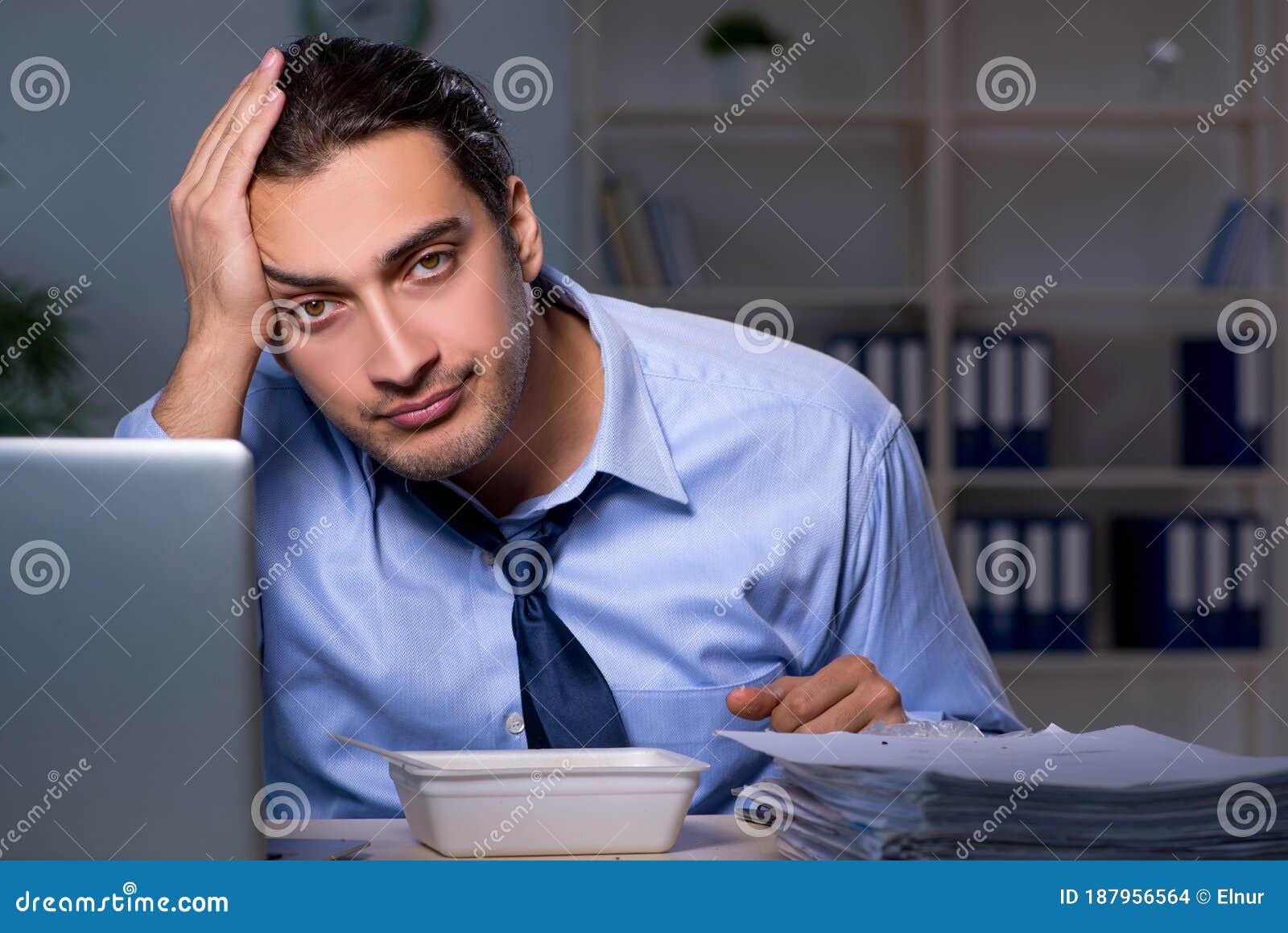 Hungry Employee Working Late in the Office Stock Photo - Image of break ...