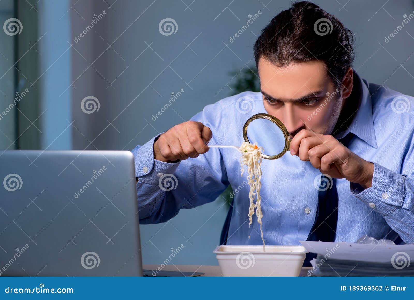 Hungry Employee Working Late in the Office Stock Photo - Image of food ...