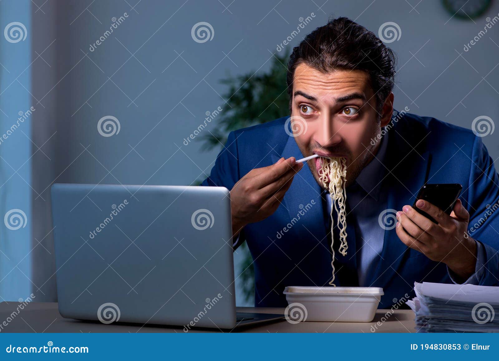 Hungry Employee Working Late in the Office Stock Image - Image of ...