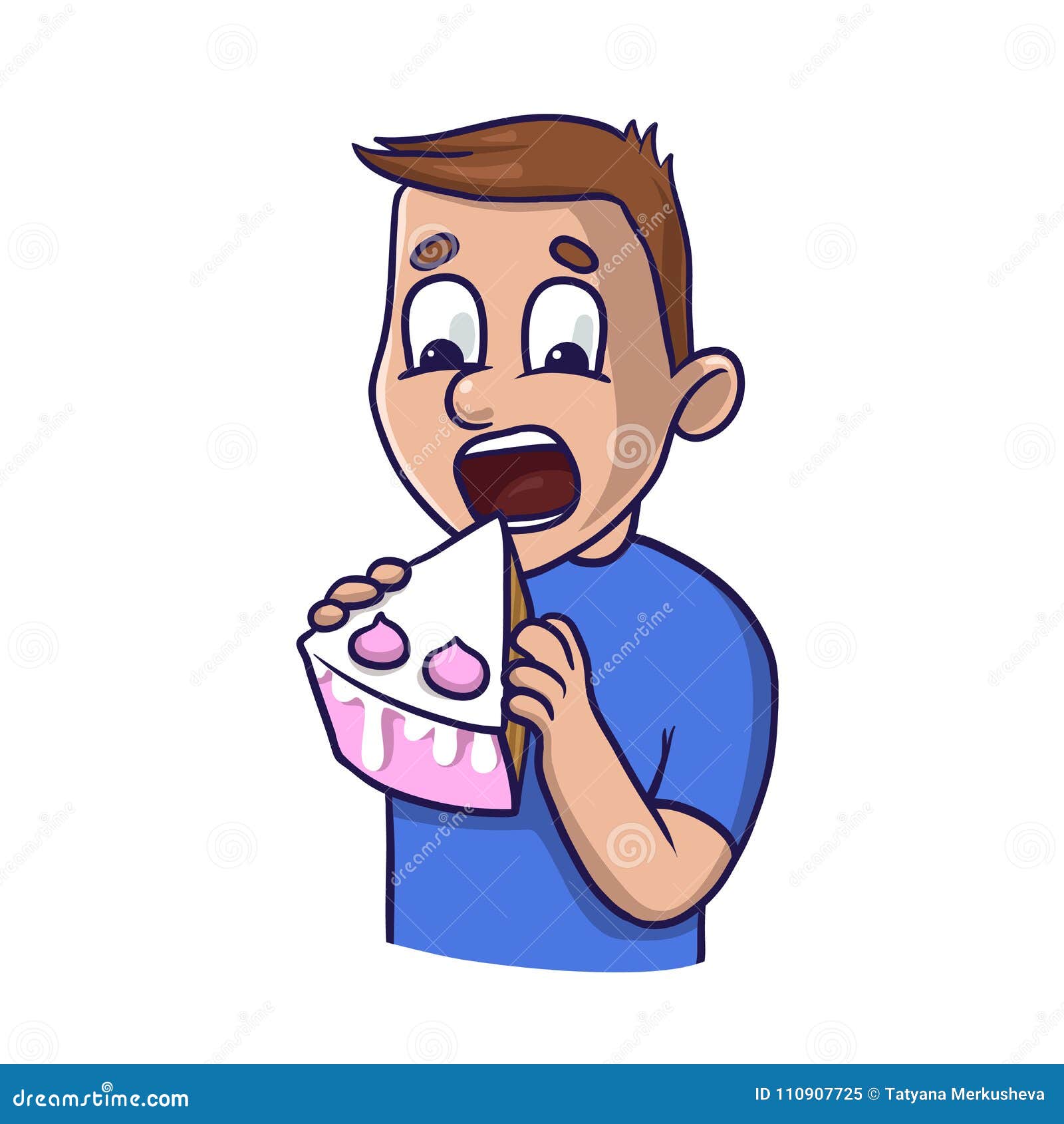 Hungry Guy Taking a Bite of Cake. Isolated Illustration on White ...