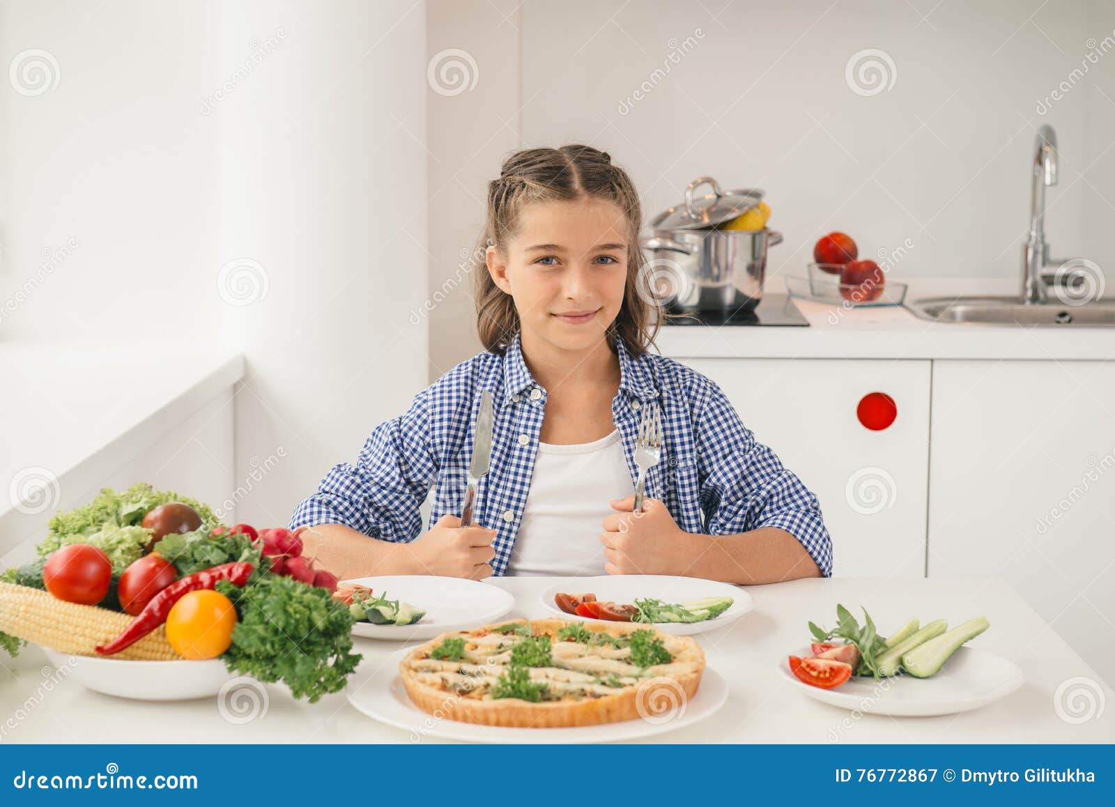 Hungry Little Girl by the Table Stock Image - Image of children, little ...