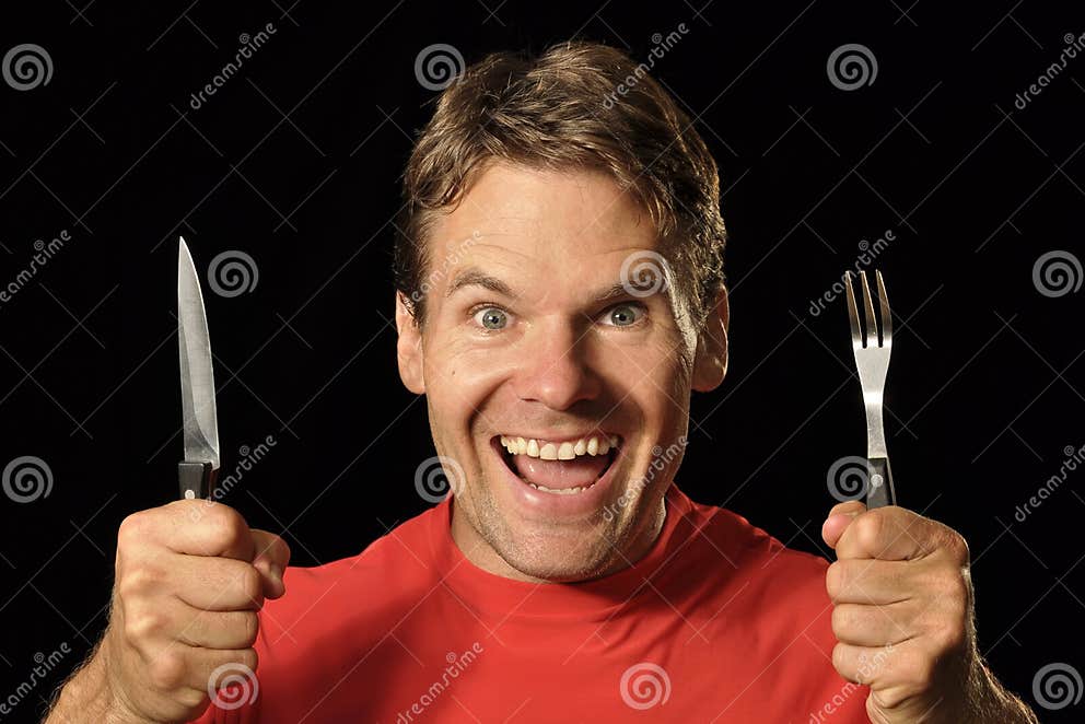 Hungry man stock image. Image of utensils, thrilled, male - 29126785
