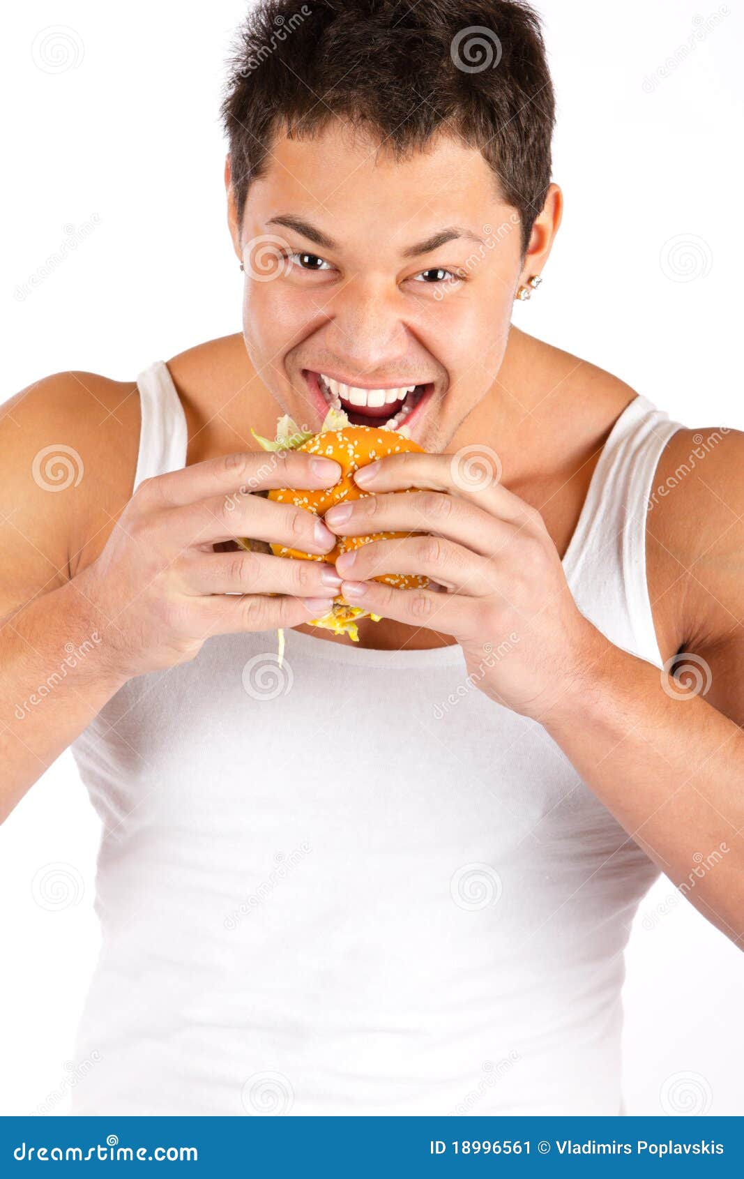 Hungry Man with Hamburger. Over White Background Stock Image - Image of ...