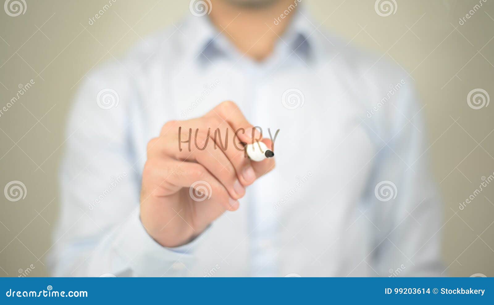 Hungry , Man Writing on Transparent Screen Stock Photo - Image of ...