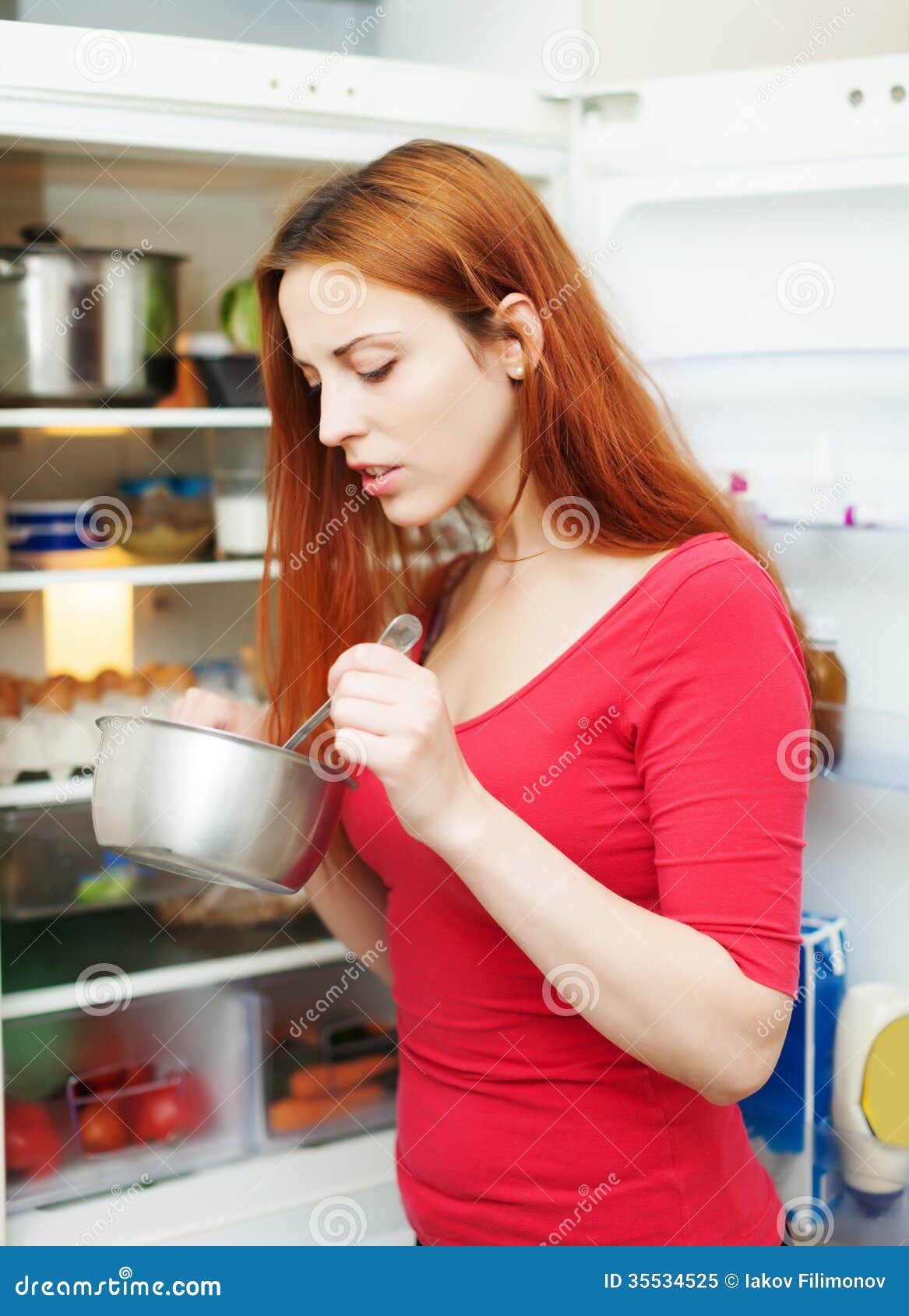 Hungry Woman Looking in To Pan Stock Image - Image of refrigerator ...