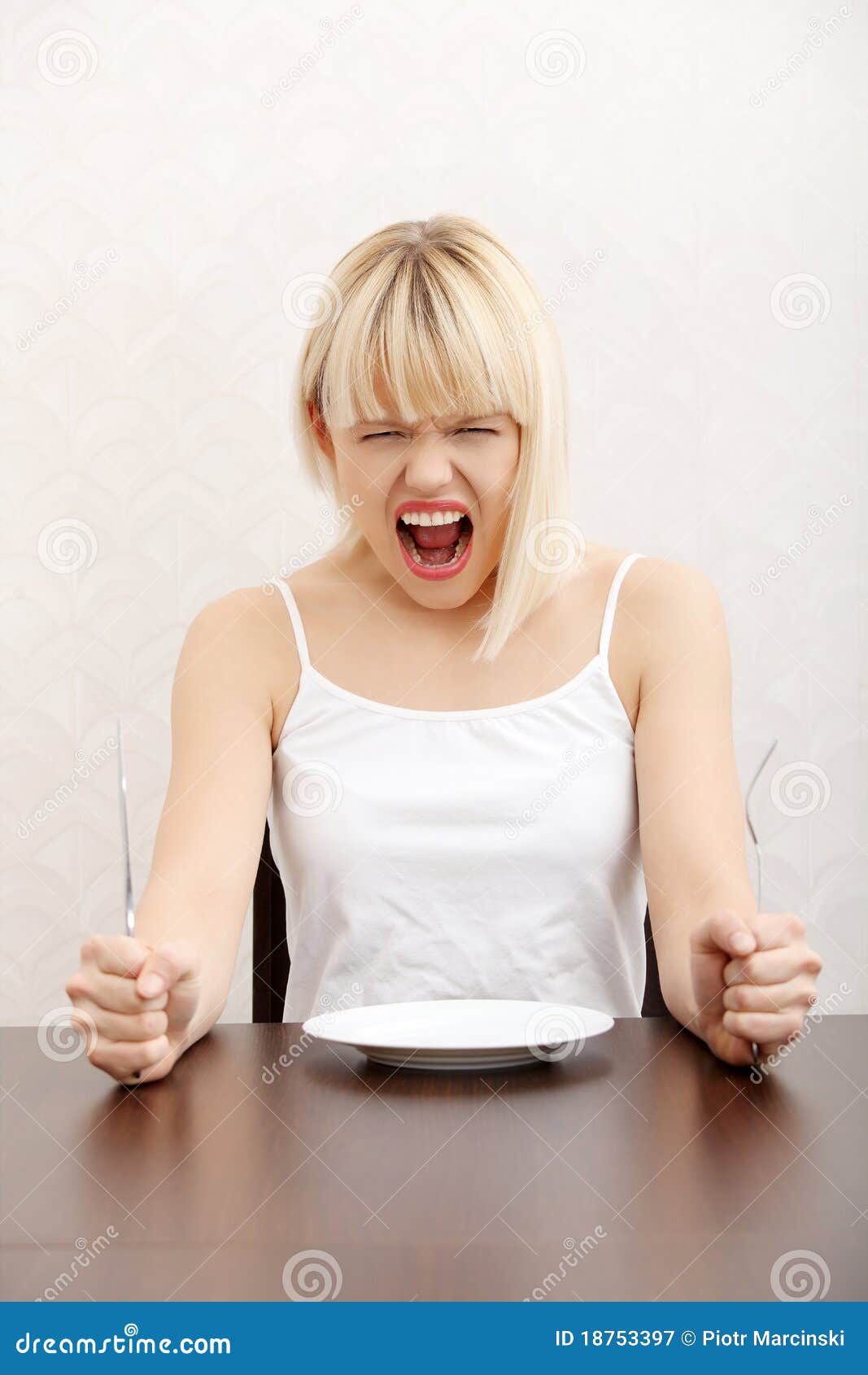 Hungry woman s screaming. stock image. Image of food - 18753397