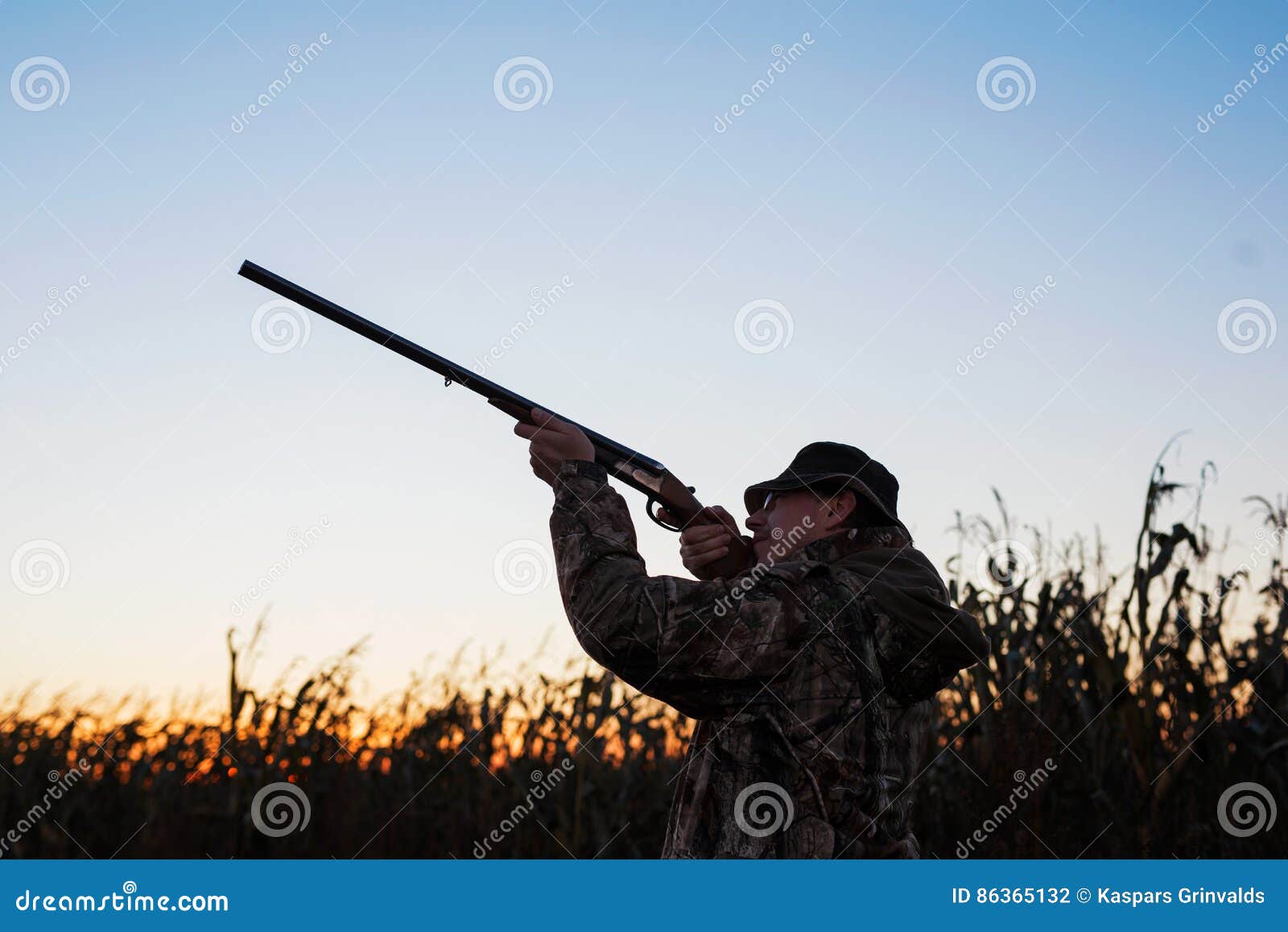 Hunter Aiming at Ducks at Sunset Stock Photo - Image of shotgun, nature ...