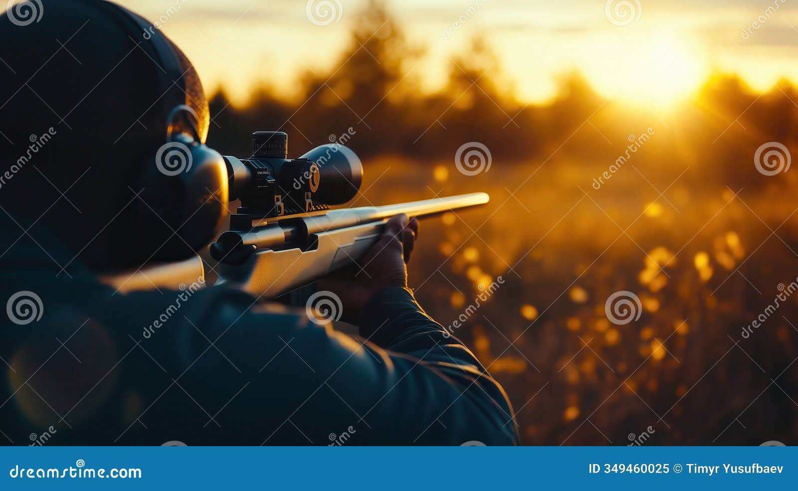 Hunter Aiming with Rifle Scope at Sunset in Open Field Stock Image ...