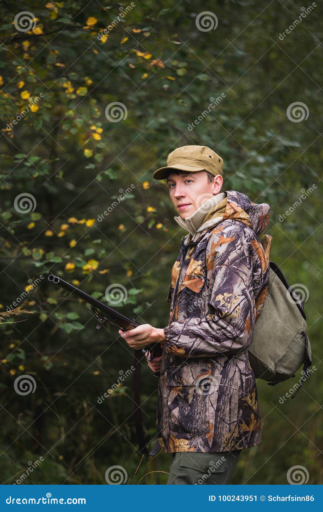 Hunter in the Autumn Forest. Stock Image - Image of trees, weapon ...