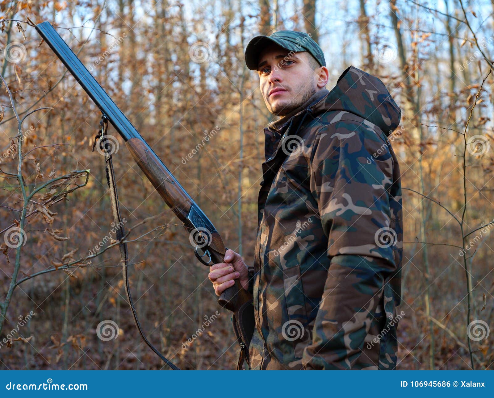 Barrel Of A Gun. Hunter With Rifle With Scope. Hunter With Shotgun Gun ...