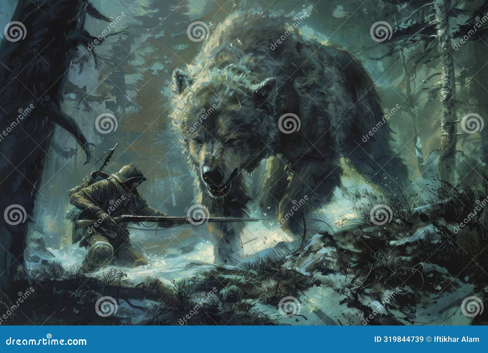A Hunter Cautiously Stalks a Wolf through a Dense Forest Setting ...