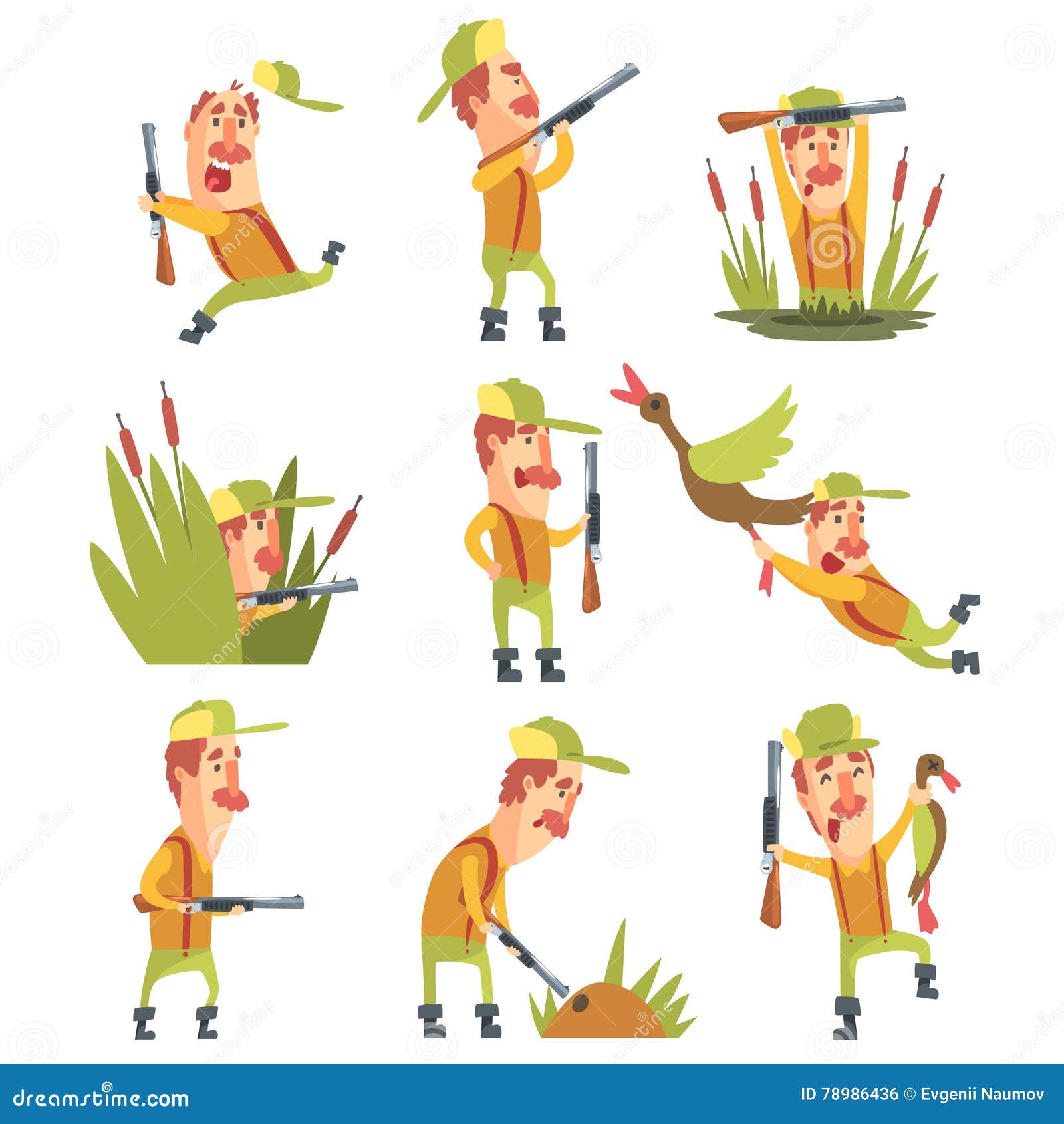 Hunter in Different Funny Situations Set of Illustrations Stock Vector ...
