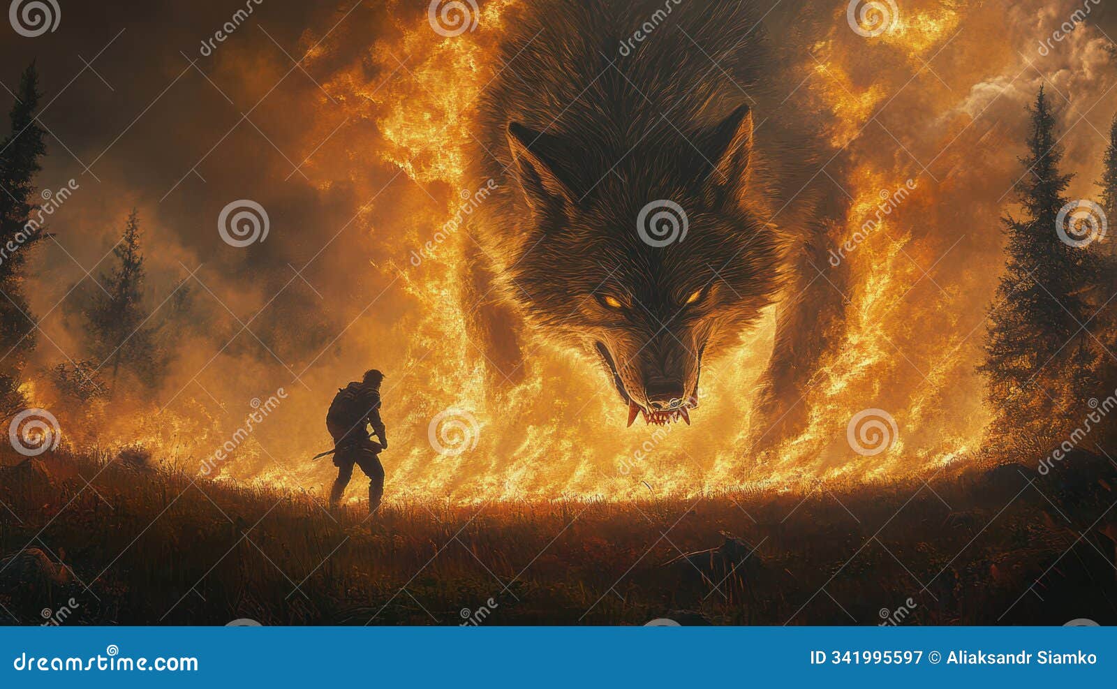 Hunter Facing Giant Wolf in Fiery Meadow Stock Illustration ...
