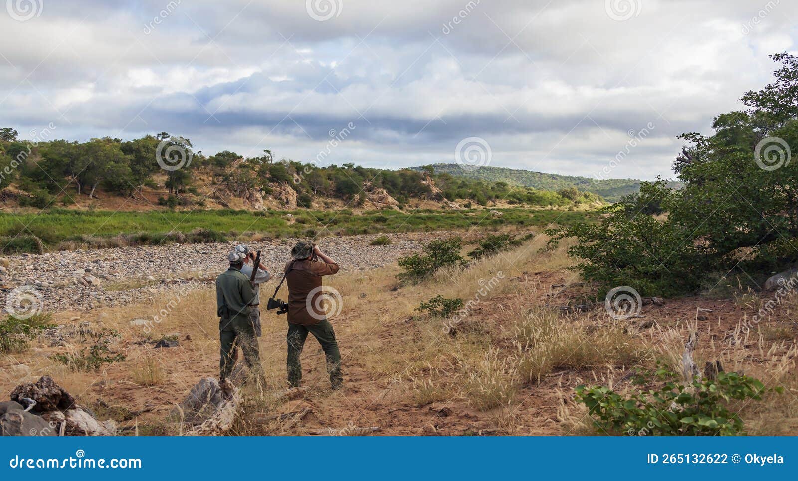 Hunter, Guide and Tracker in the Savannah are Looking at Animals in ...