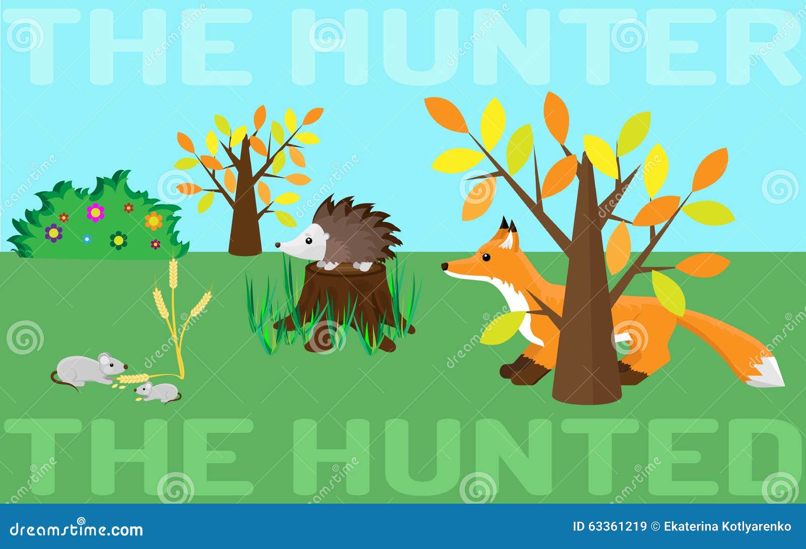 The Hunter or the Hunted. Mouse, Hedgehog, Fox. Stock Vector ...