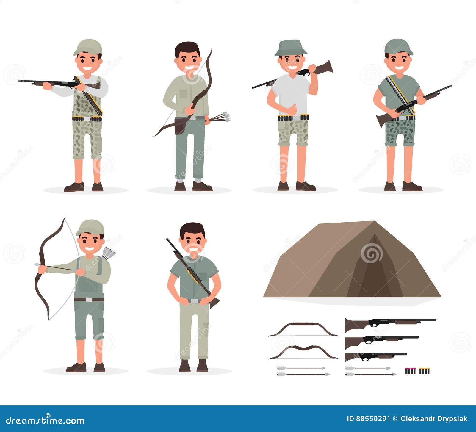 Hunter With Gun And Dog. Huntsman Standing In The Forest Against A ...