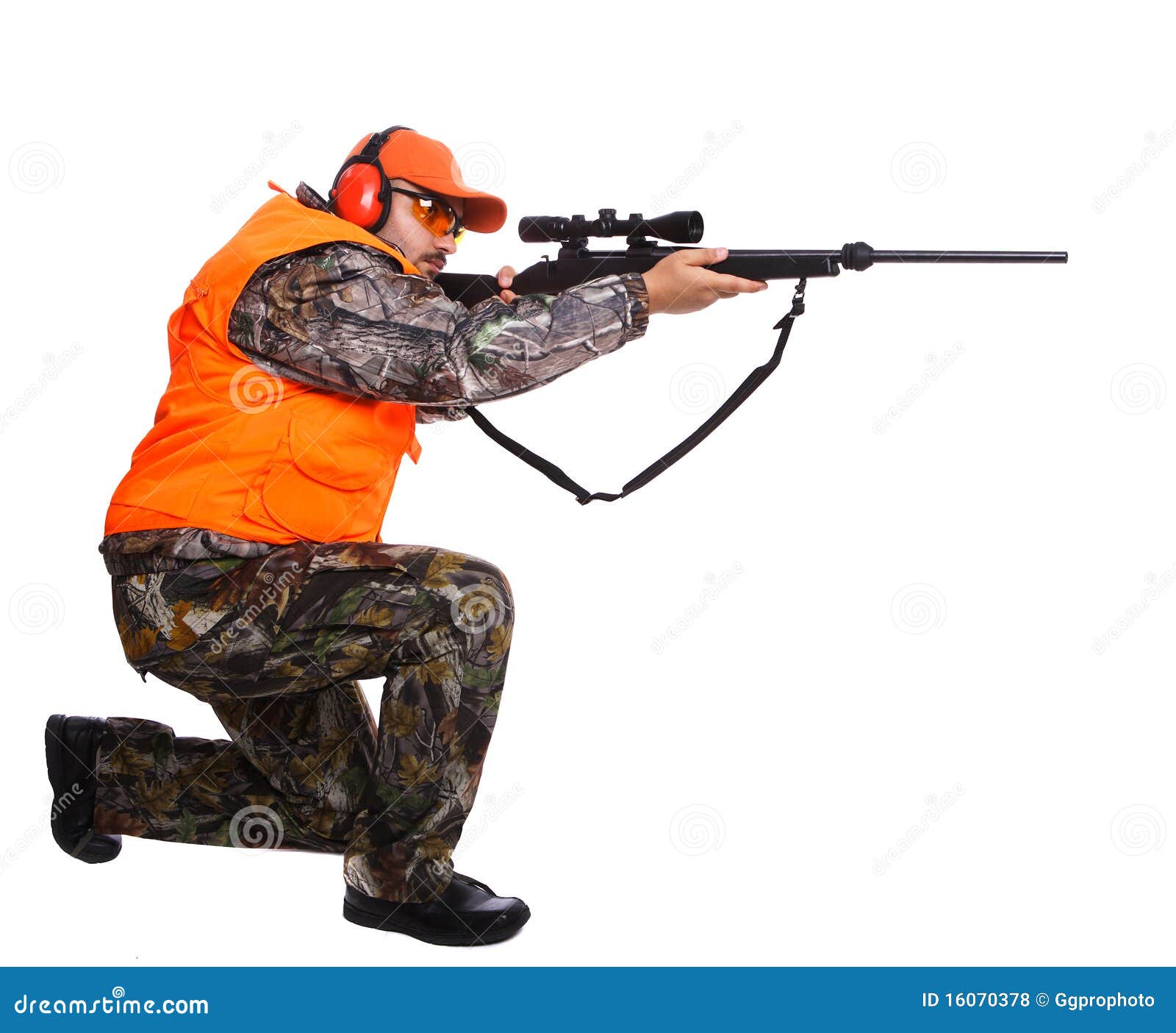 Kneeling Rifle Hunter Shooting In Sunset Stock Photography ...