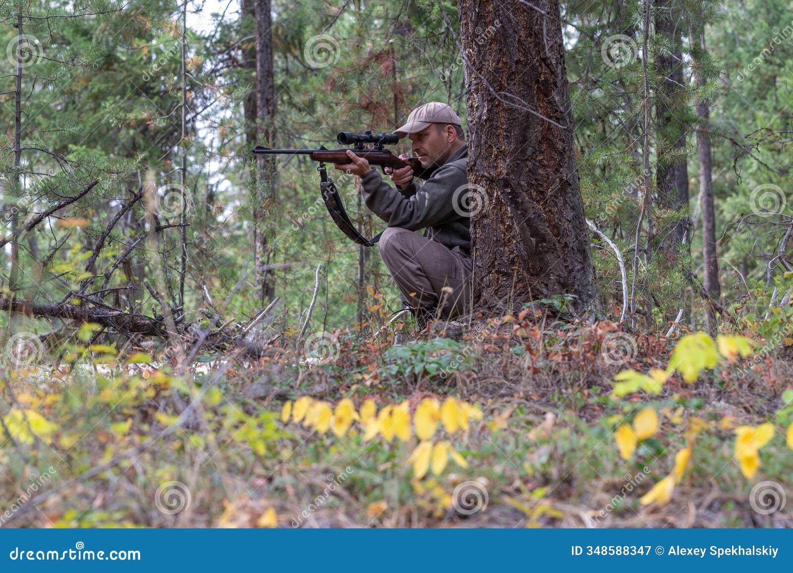 Hunter Kneeling Behind Tree, Aiming Rifle Stock Image - Image of ...