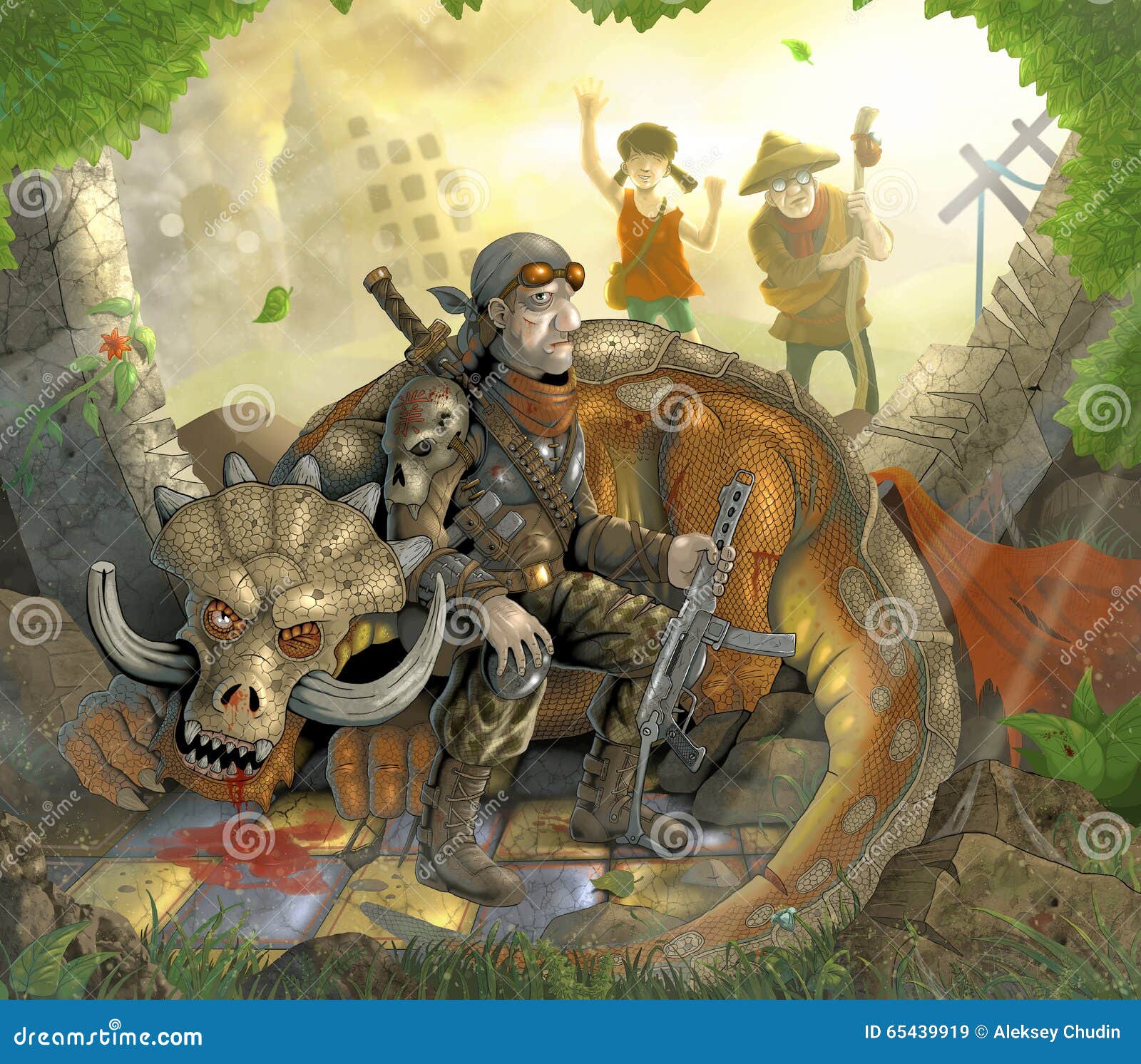 Hunter of Monsters and Defeated the Dragon Stock Illustration ...
