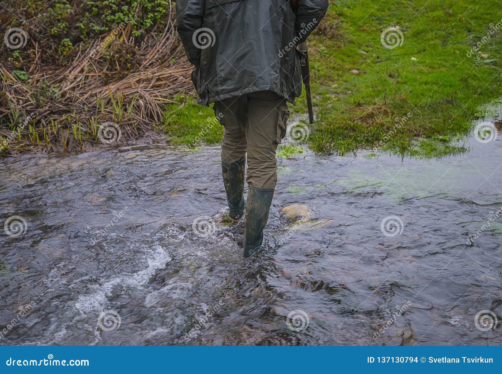 Hunter with Rifle Passe through the River Stock Photo - Image of season ...