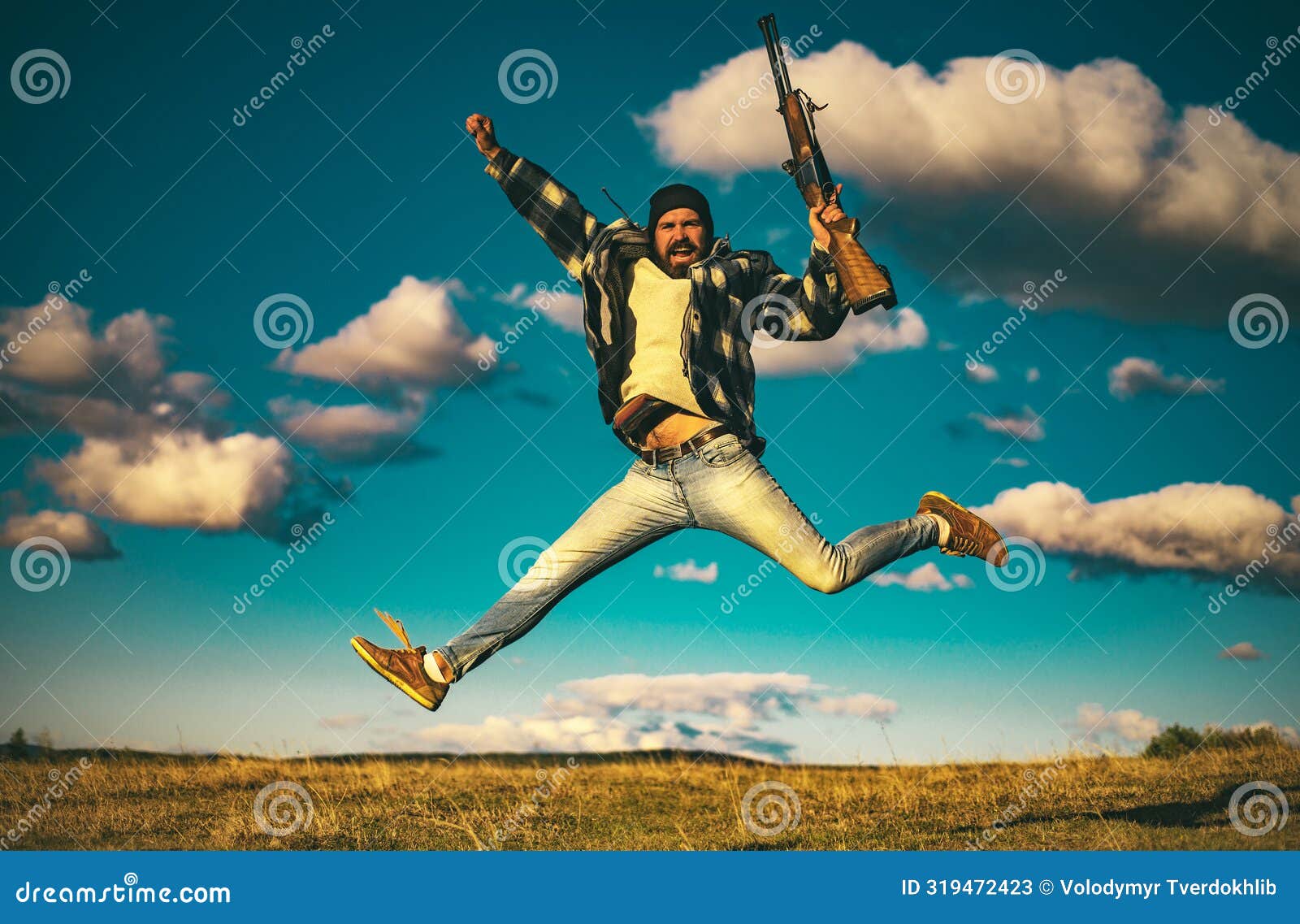 Hunter with Shotgun Gun on Hunt. Crazy Hunter on Sky Background. Stock ...