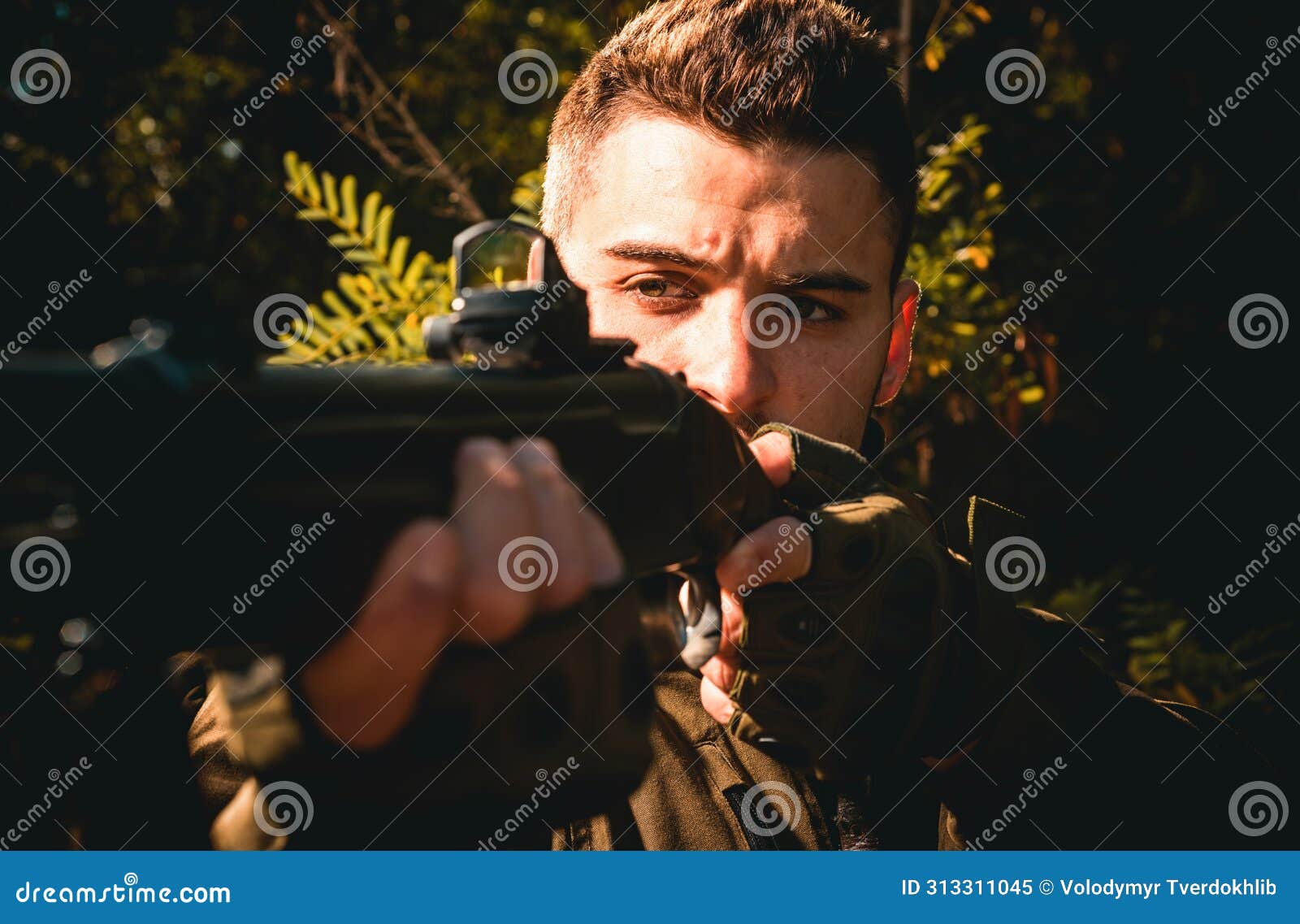 Hunter with Shotgun Gun on Hunt. Hunter Target with Laser Sight ...