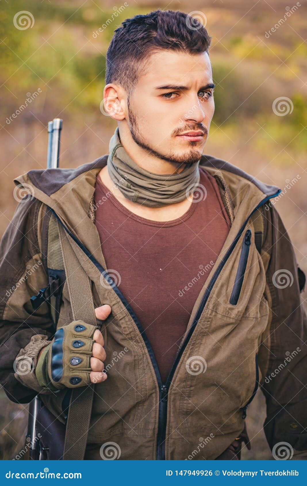 Hunter with Shotgun Gun on Hunt. Portrait of Hamdsome Hunter. Stock ...