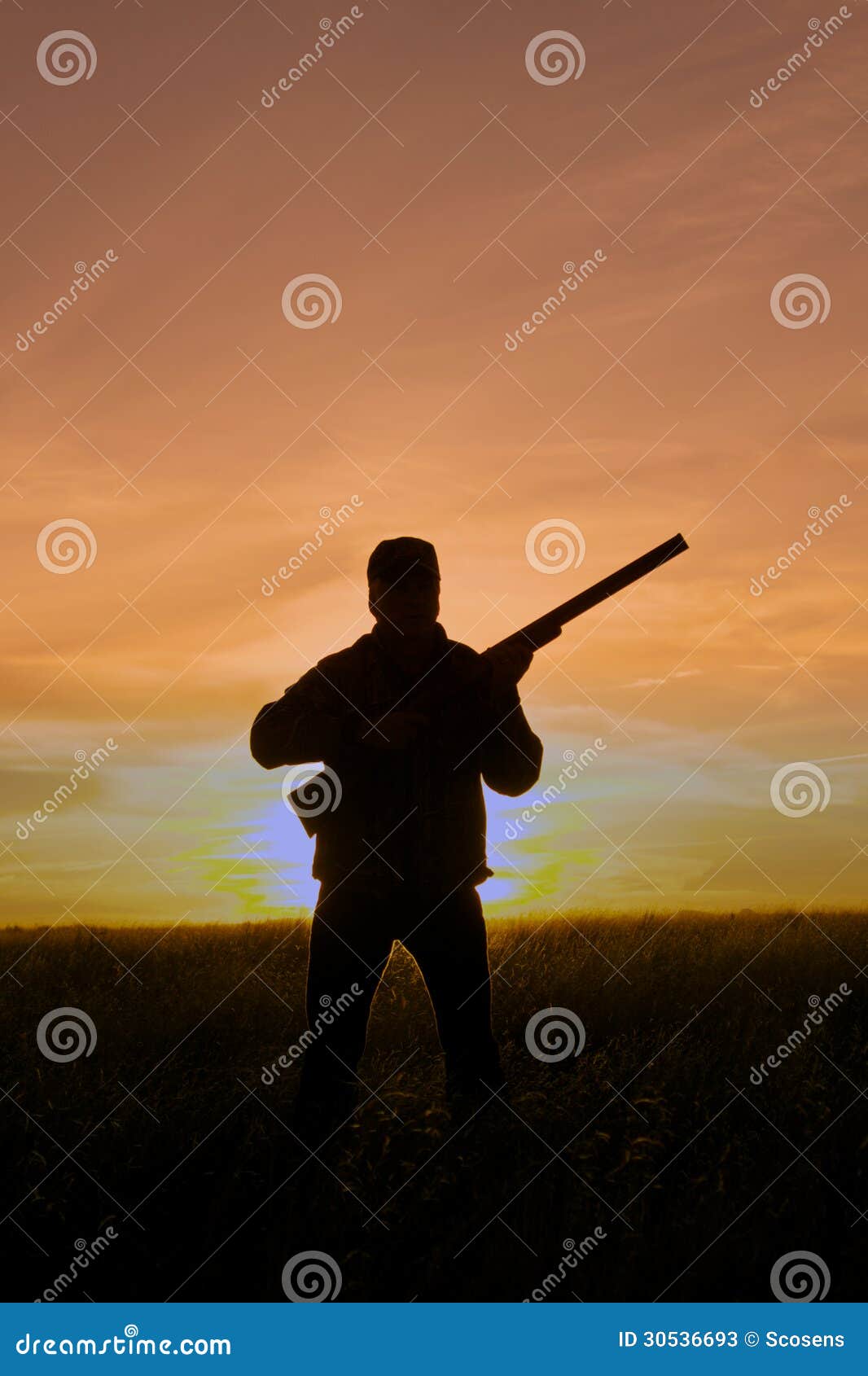 Hunter with Shotgun Sunset stock image. Image of shotgun - 30536693
