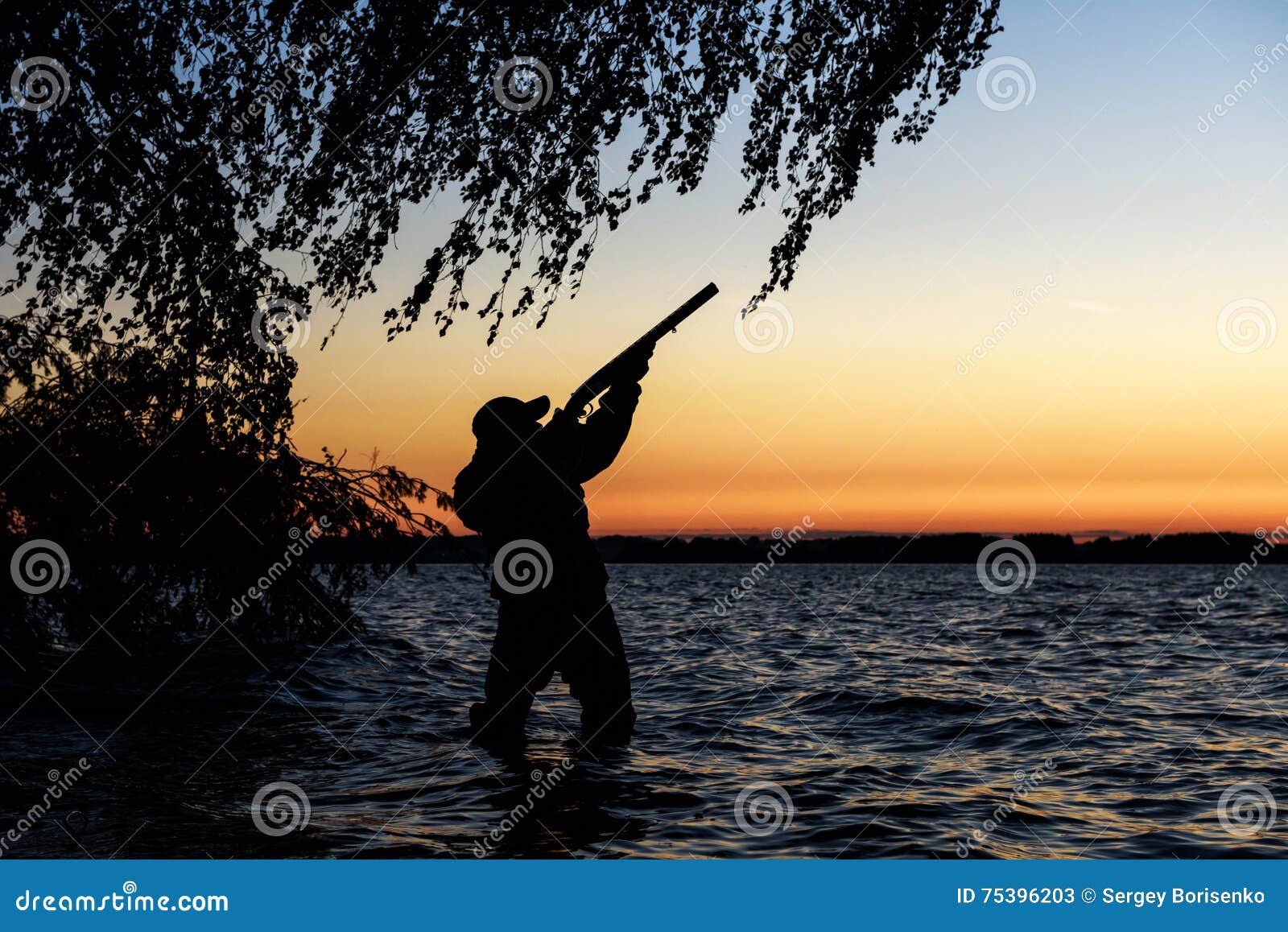 Hunter Silhouette at Sunset Stock Image - Image of nature, lake: 75396203