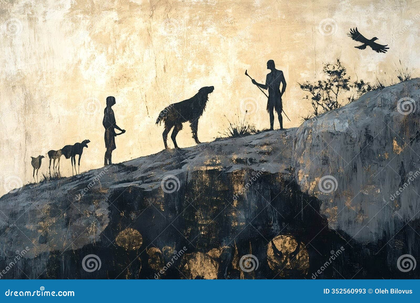 Hunter Taming Animals and Starting Civilization during Prehistory Stock ...