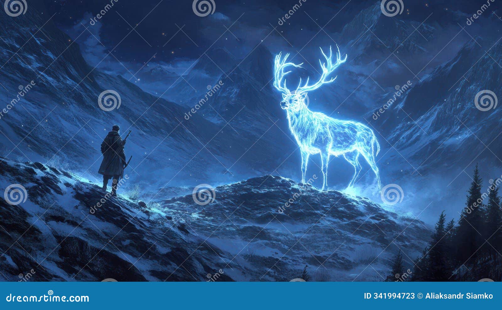 Hunter Tracking Mythical Glowing Stag in Mountainous Terrain Stock ...