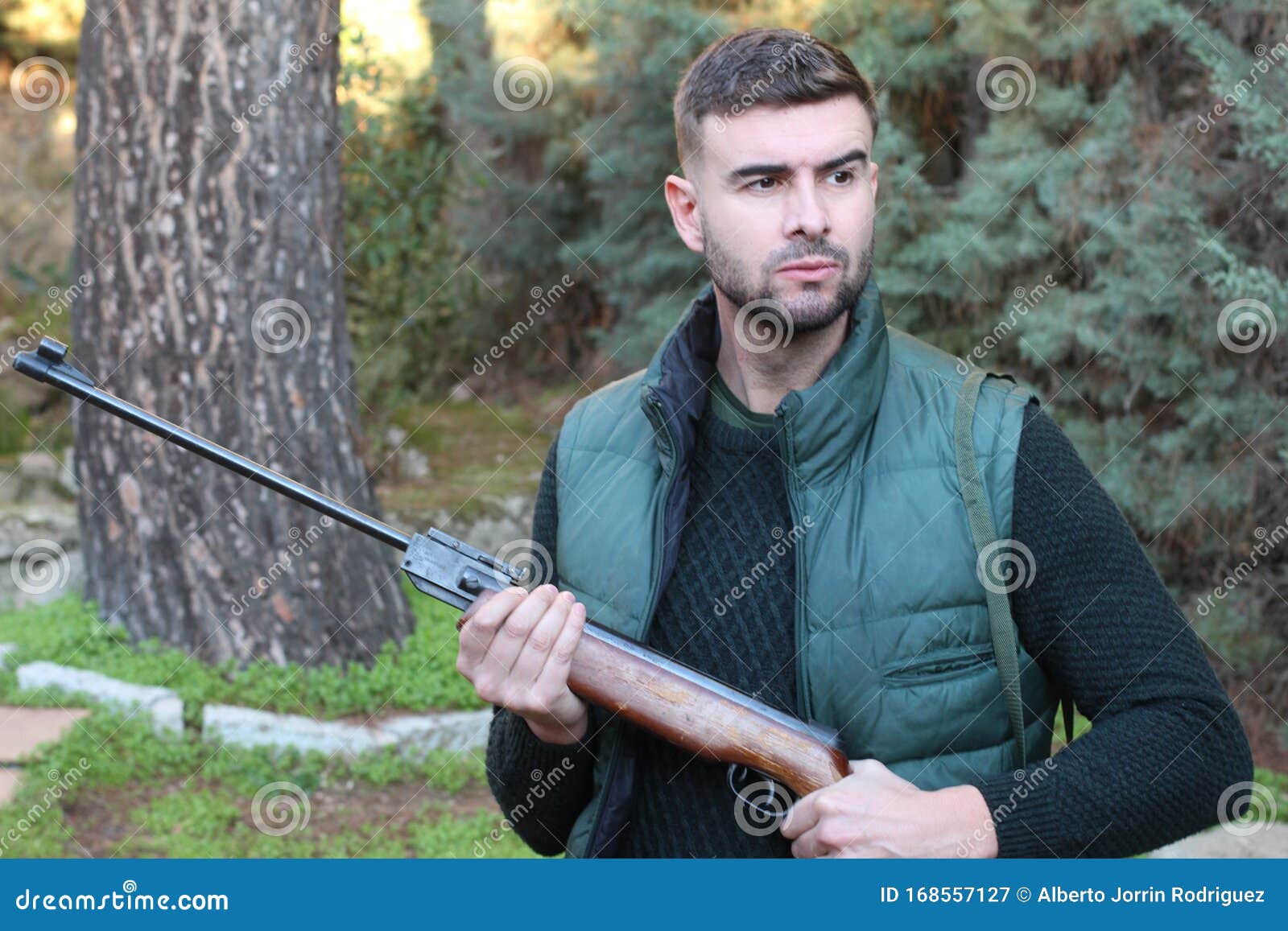 Hunter Walking in the Woods Stock Image - Image of outdoors, aiming ...