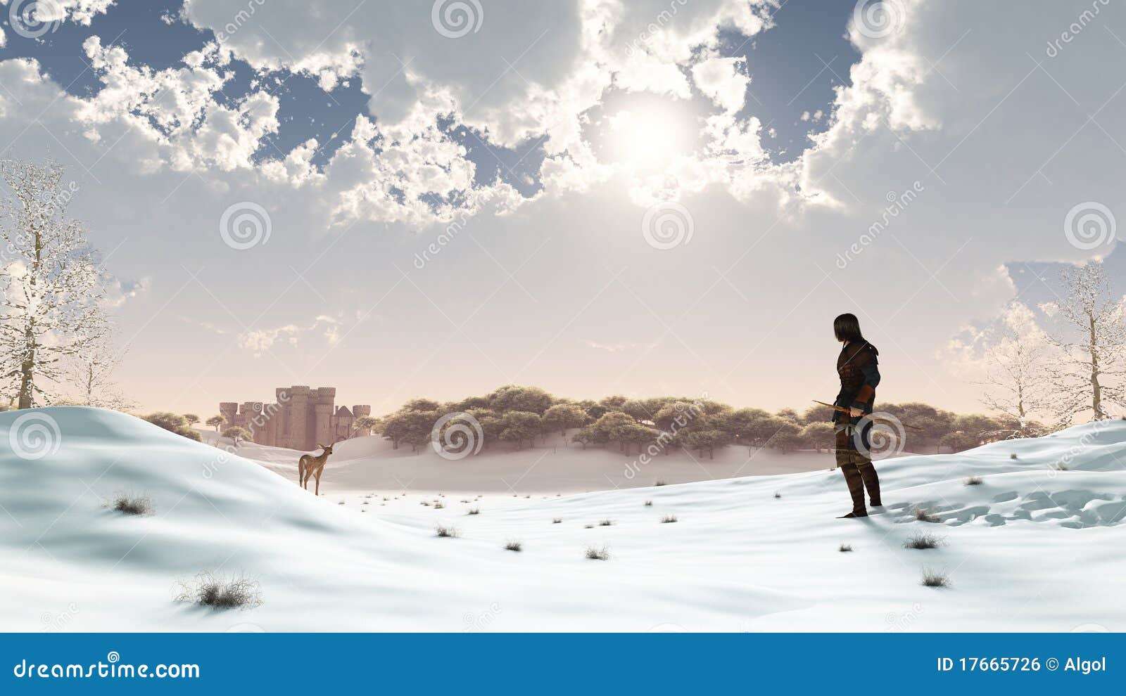 Hunter in the Winter Snow stock illustration. Illustration of clouds ...