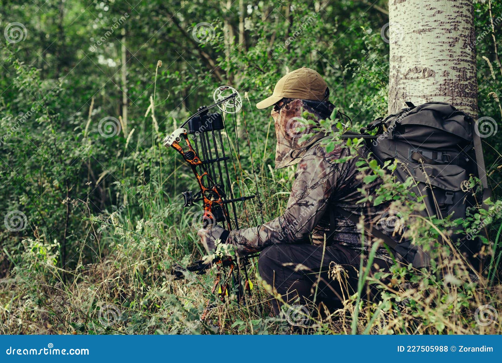 Hunter in the Woods with Bow and Arrow Ready To Take Aim at His Prey ...