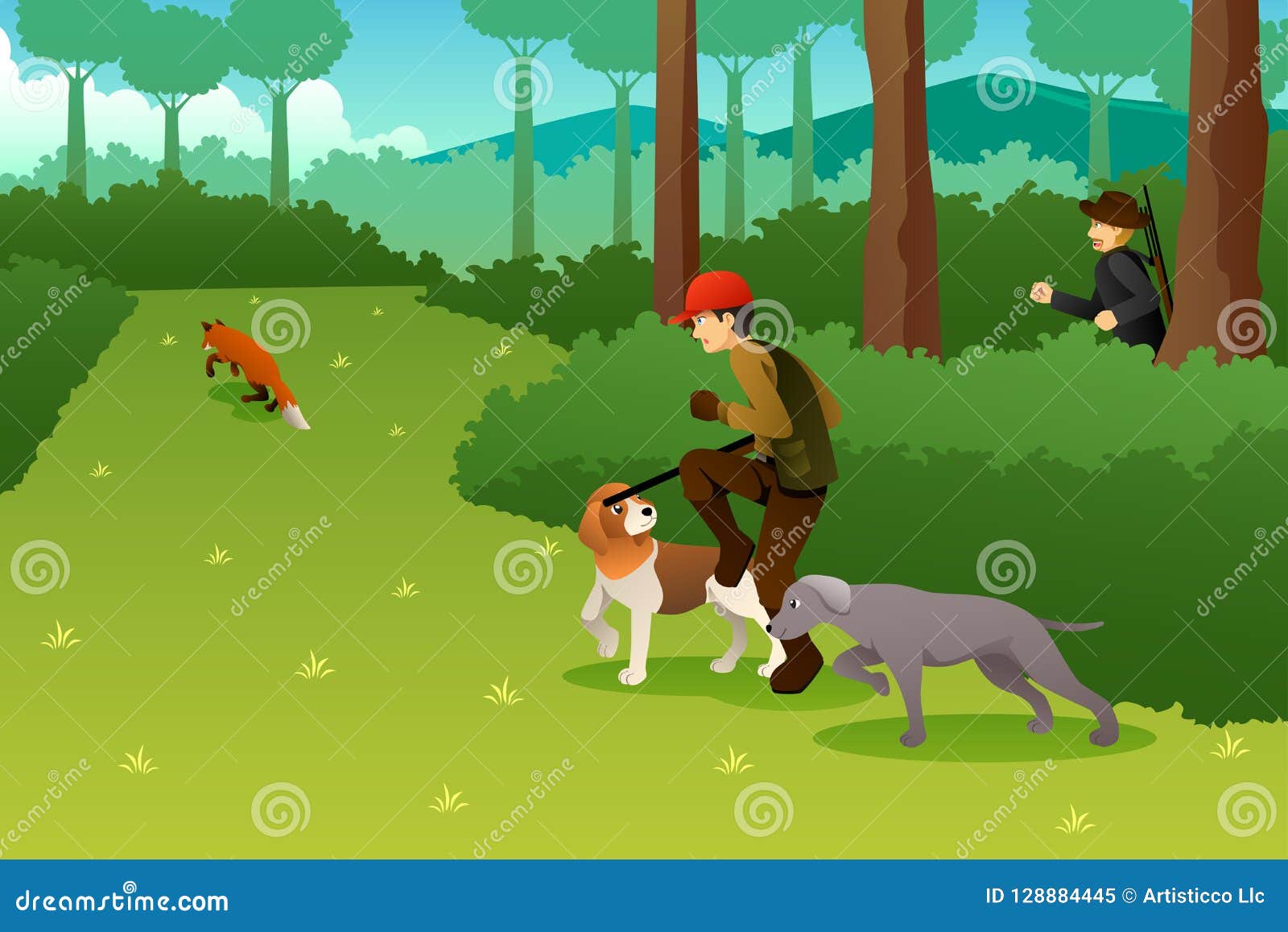 Hunters with His Dogs Hunting a Fox Stock Vector - Illustration of ...
