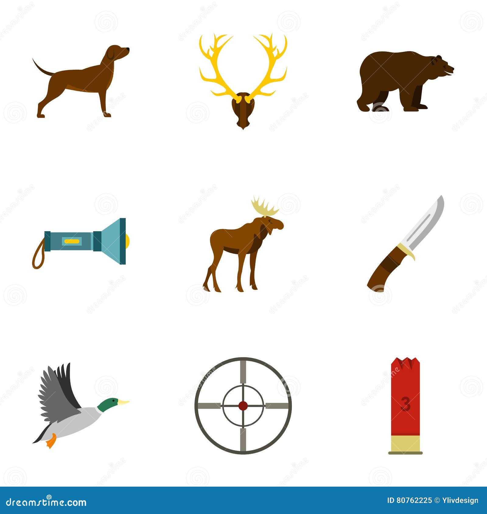 Hunting of Animals Icons Set, Flat Style Stock Vector - Illustration of ...