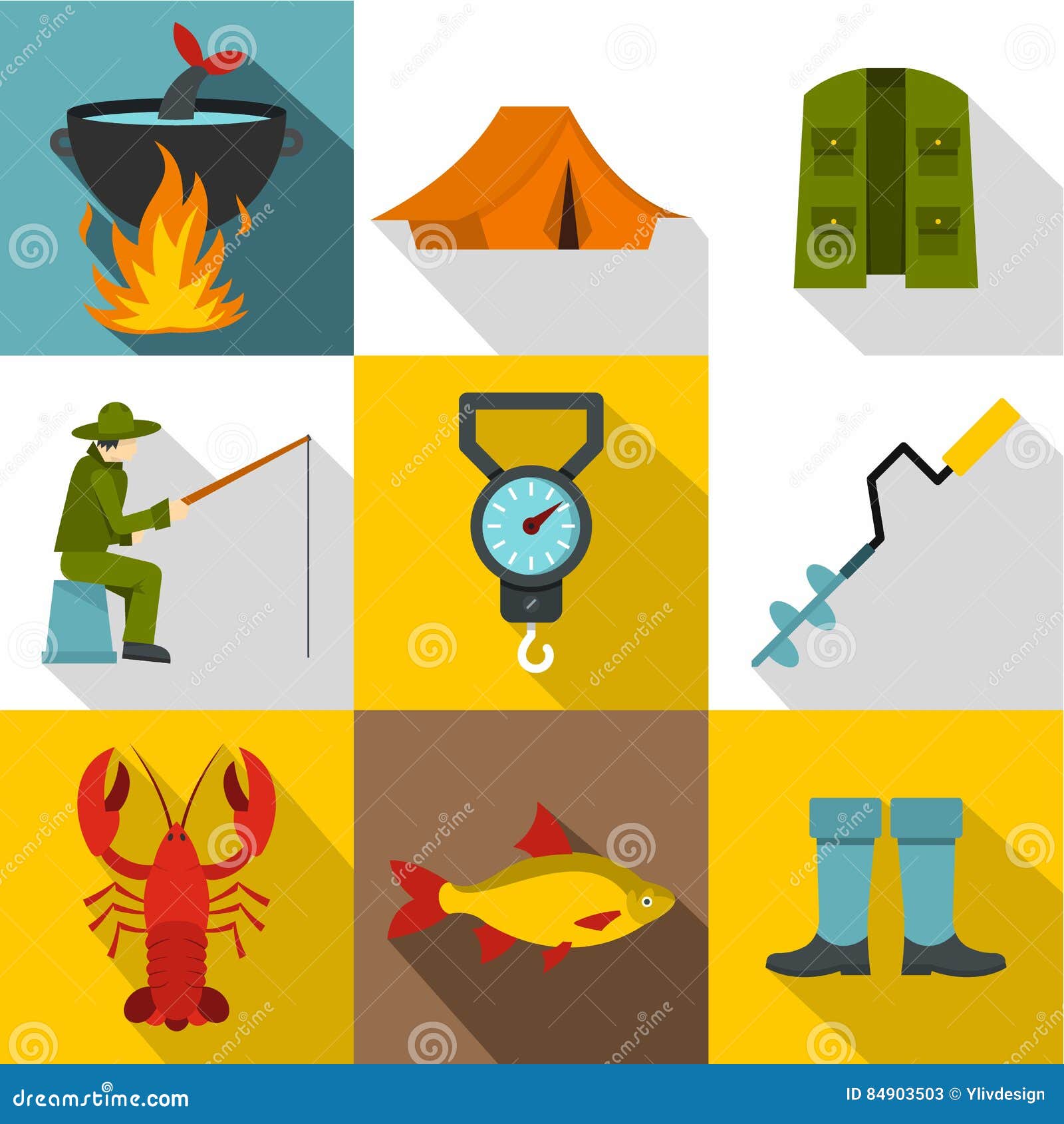 Hunting for Fish Icons Set, Flat Style Stock Vector - Illustration of ...
