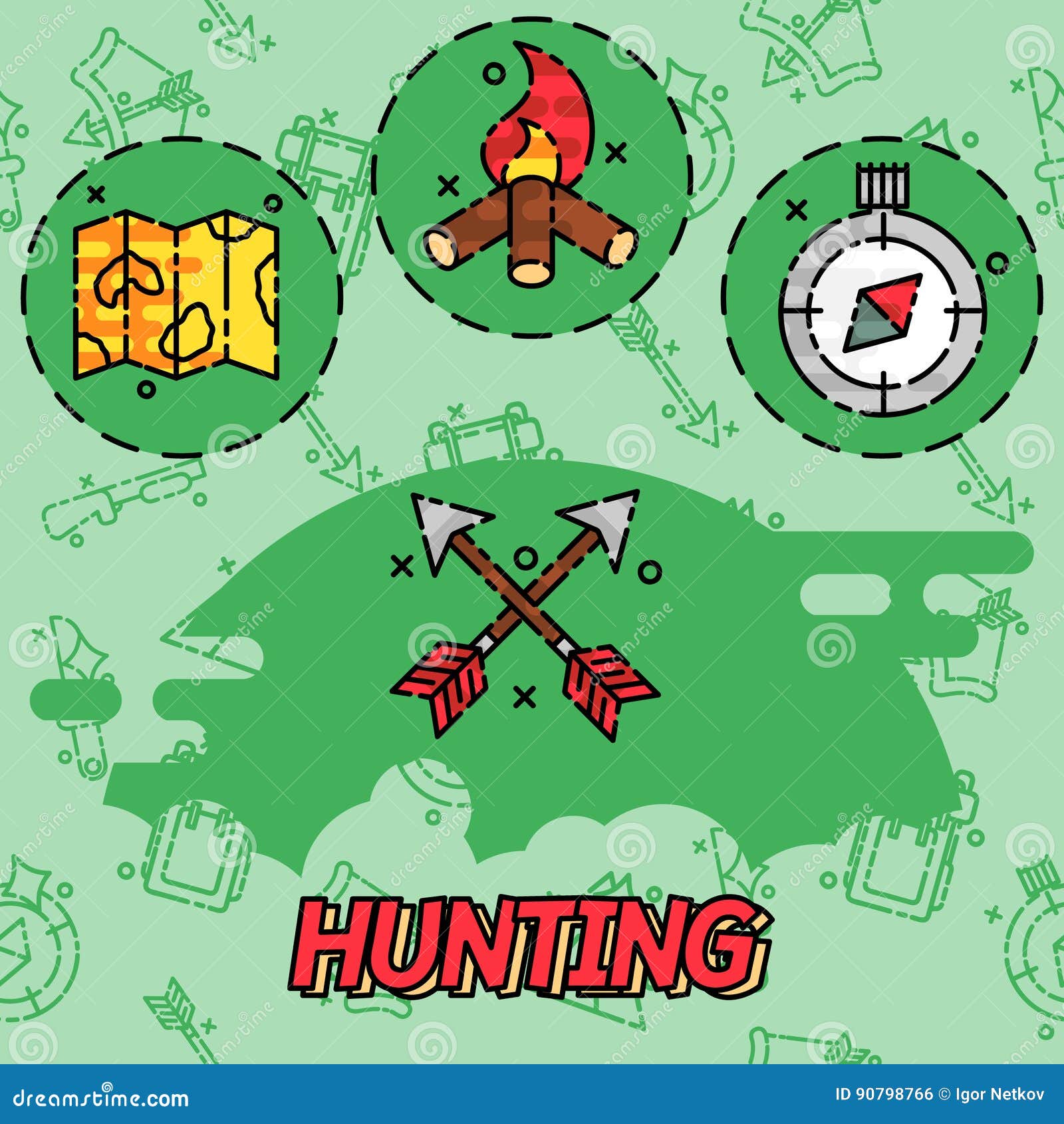 Hunting flat concept icons stock vector. Illustration of design - 90798766