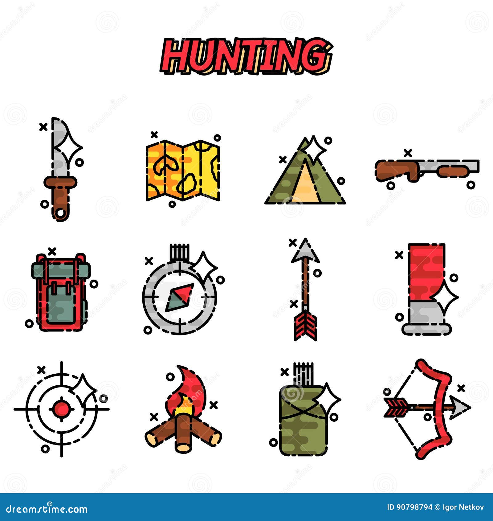Hunting flat concept icons stock vector. Illustration of club - 90798794