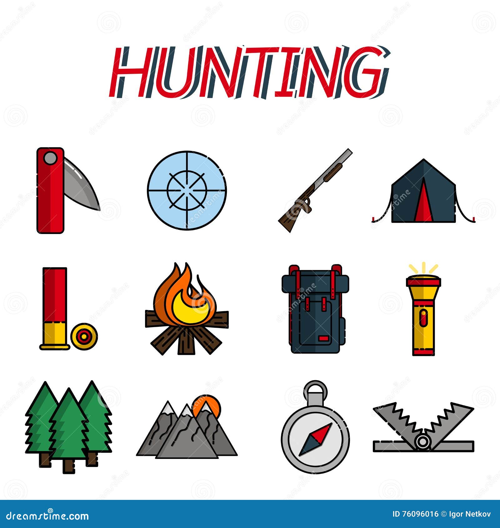 Hunting flat icons set stock vector. Illustration of bird - 76096016