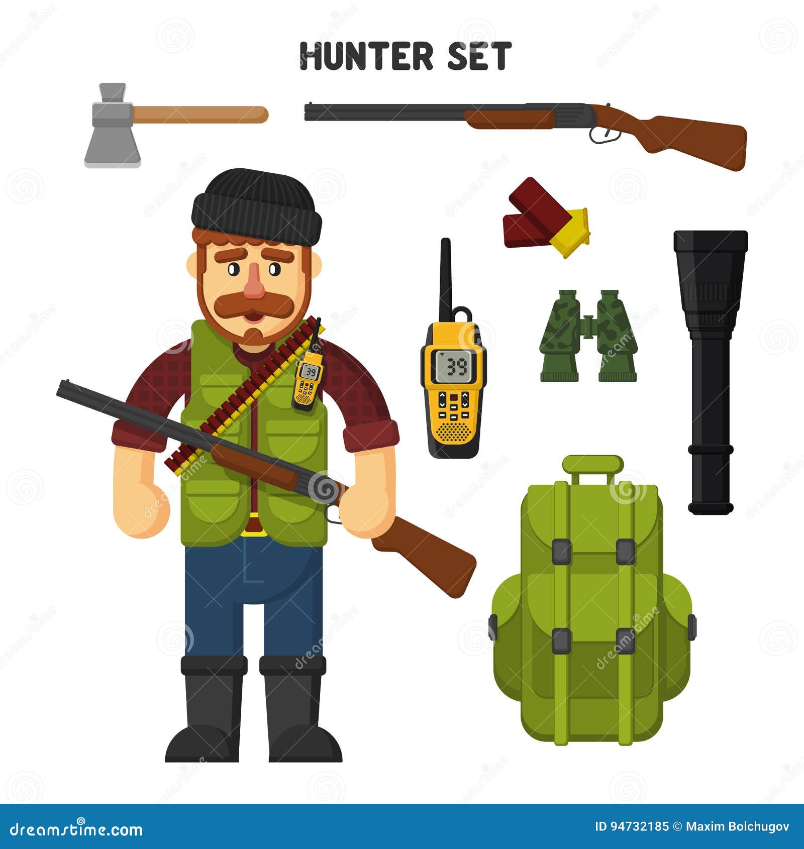 Hunting. a Set of Hunter Items. Vector Illustration, Flat, Cartoon ...