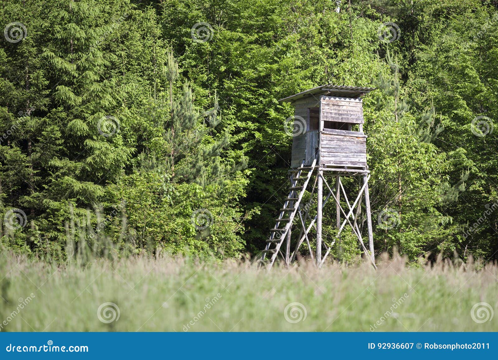 Hunting tower on the lawn stock image. Image of hide - 92936607