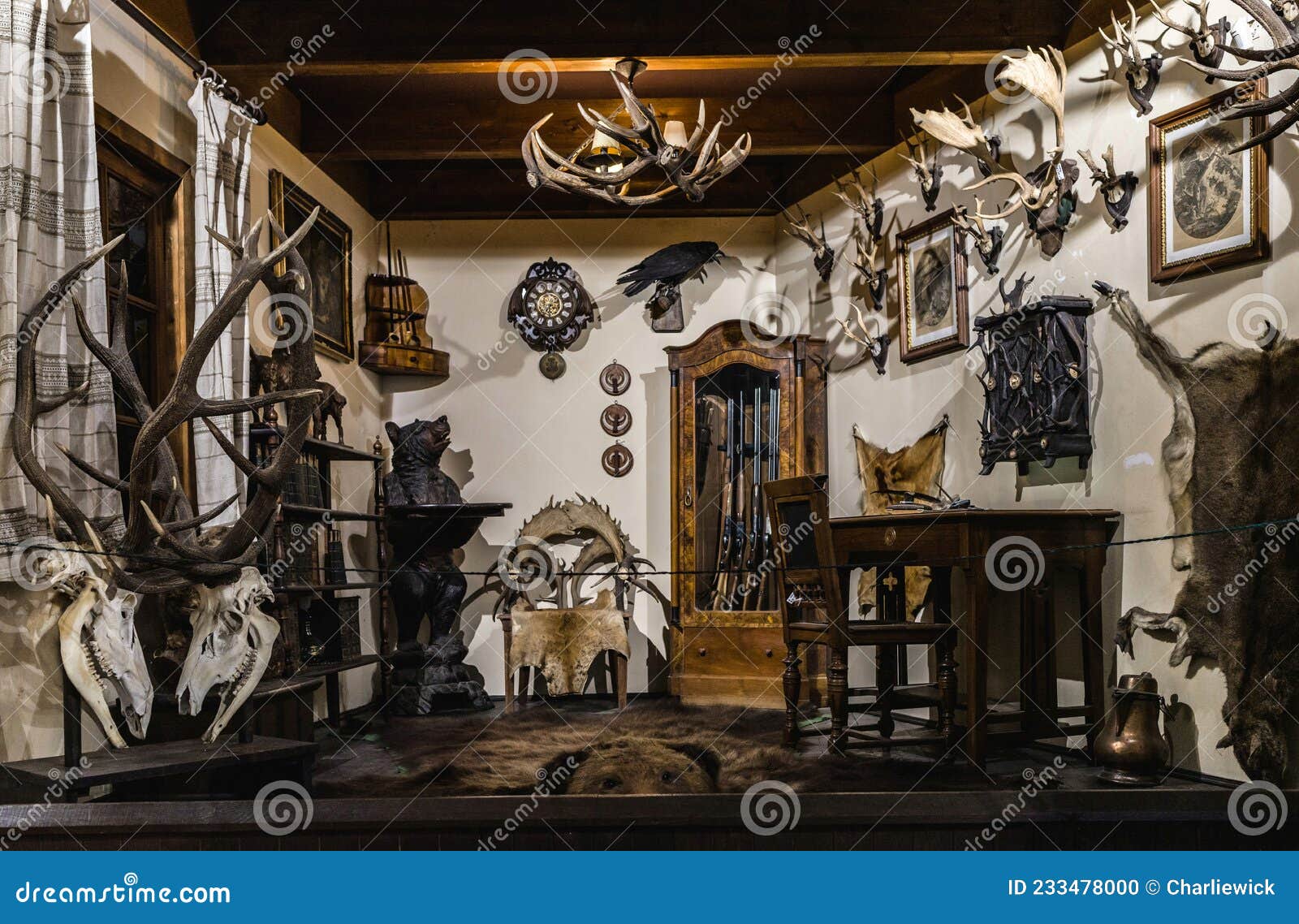 Hunting trophy room. editorial image. Image of bear - 233478000