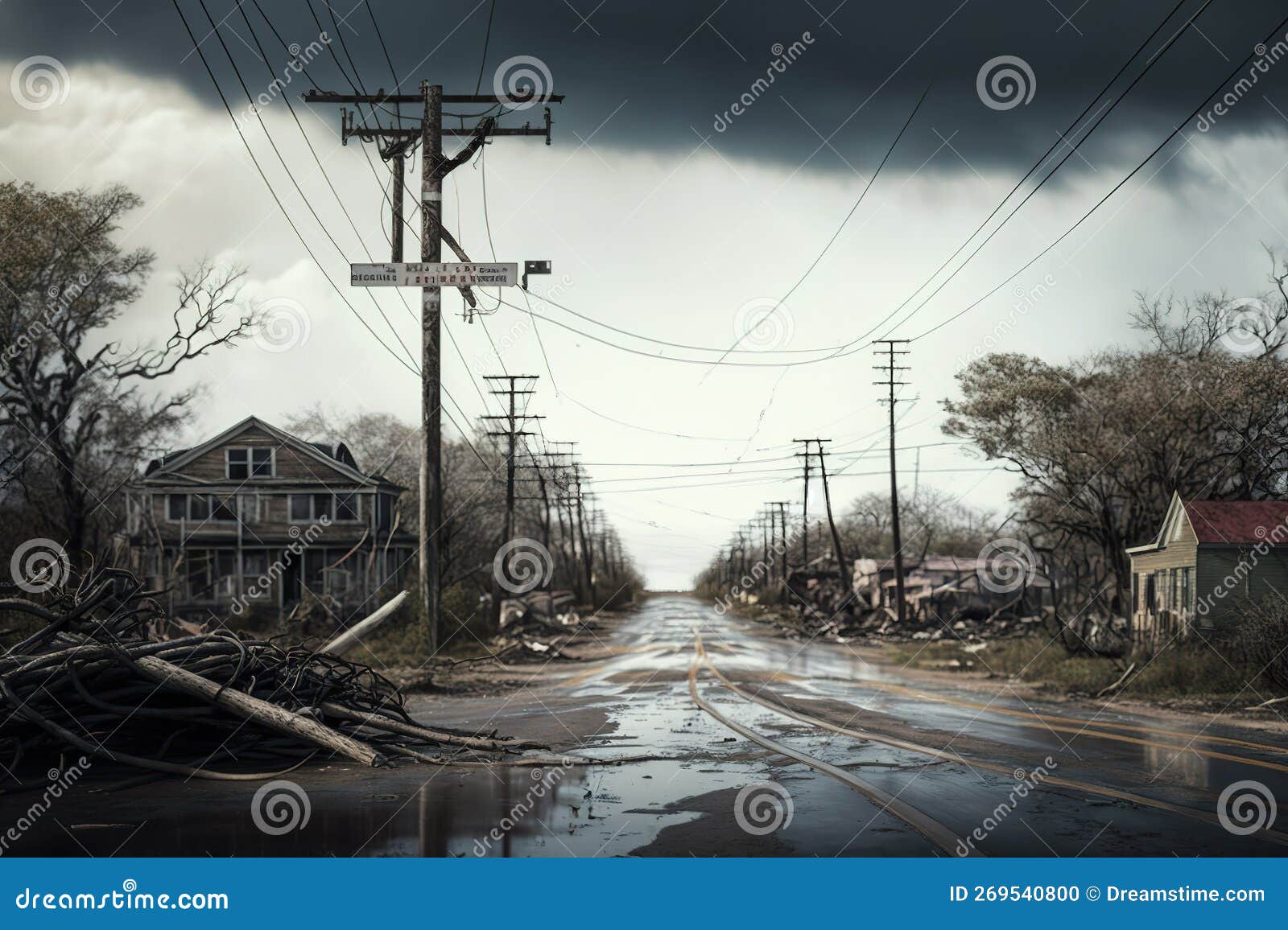 Hurricane Consequence in Small Town. Destroyed Building and Flooded ...