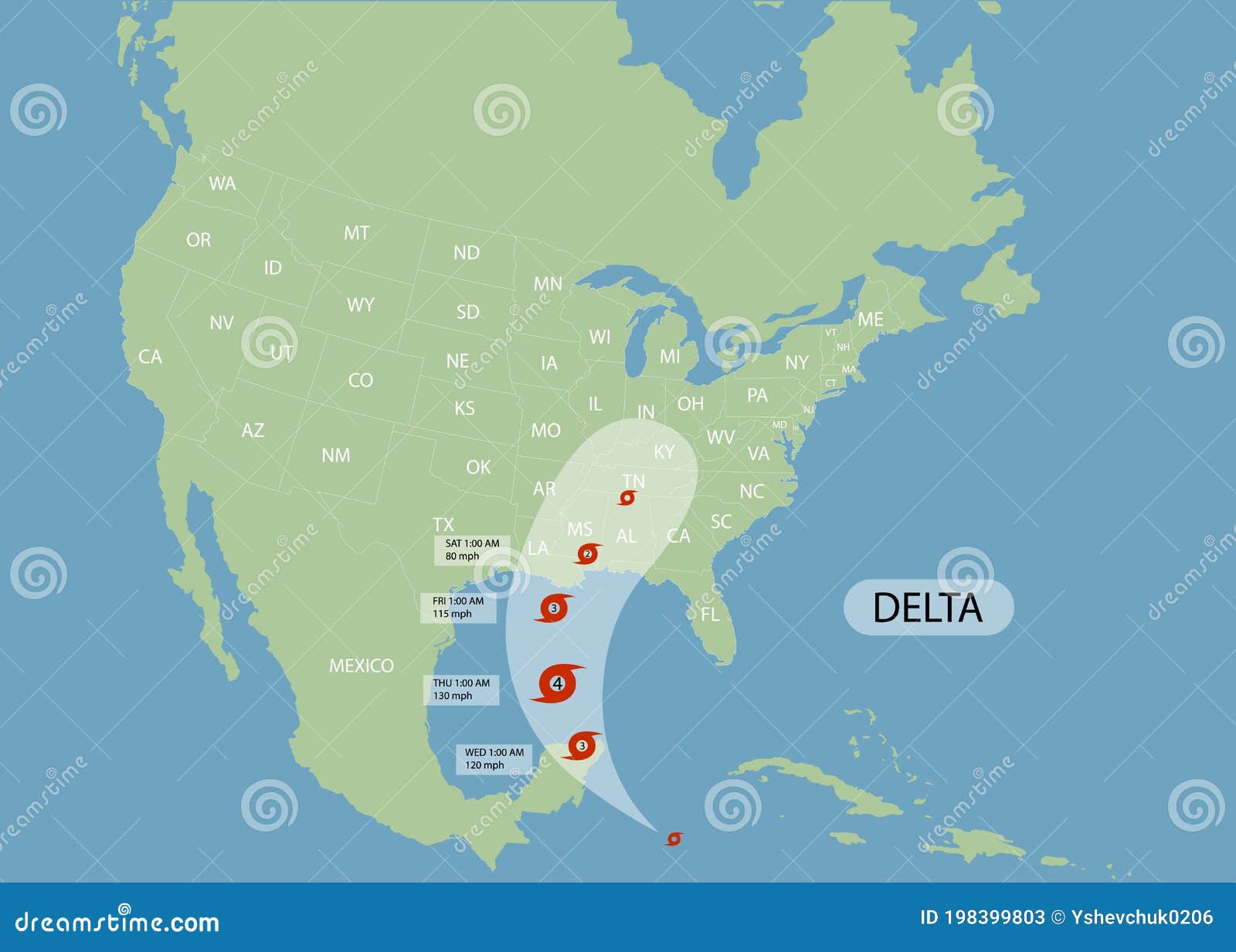 Hurricane Delta Moves into the USA. World Map. Vector Illustration ...
