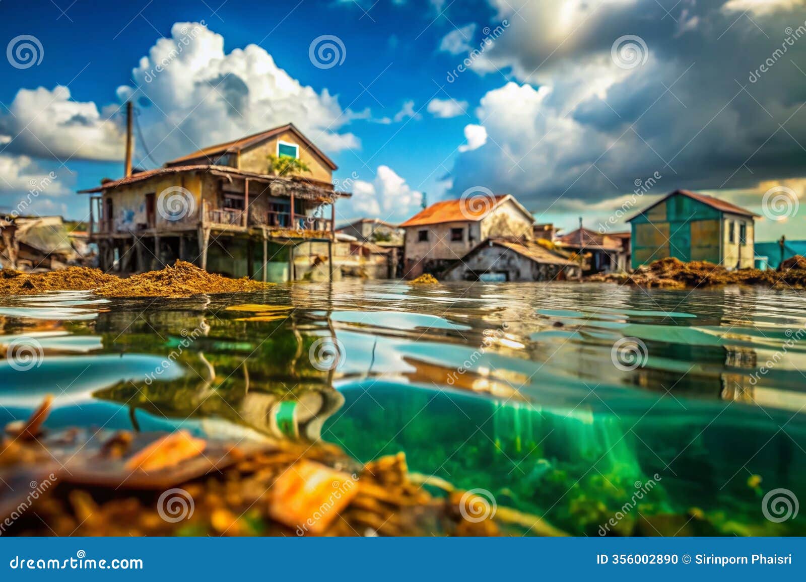 Hurricane Devastation Rooftop Perspective Of A Submerged Town A ...